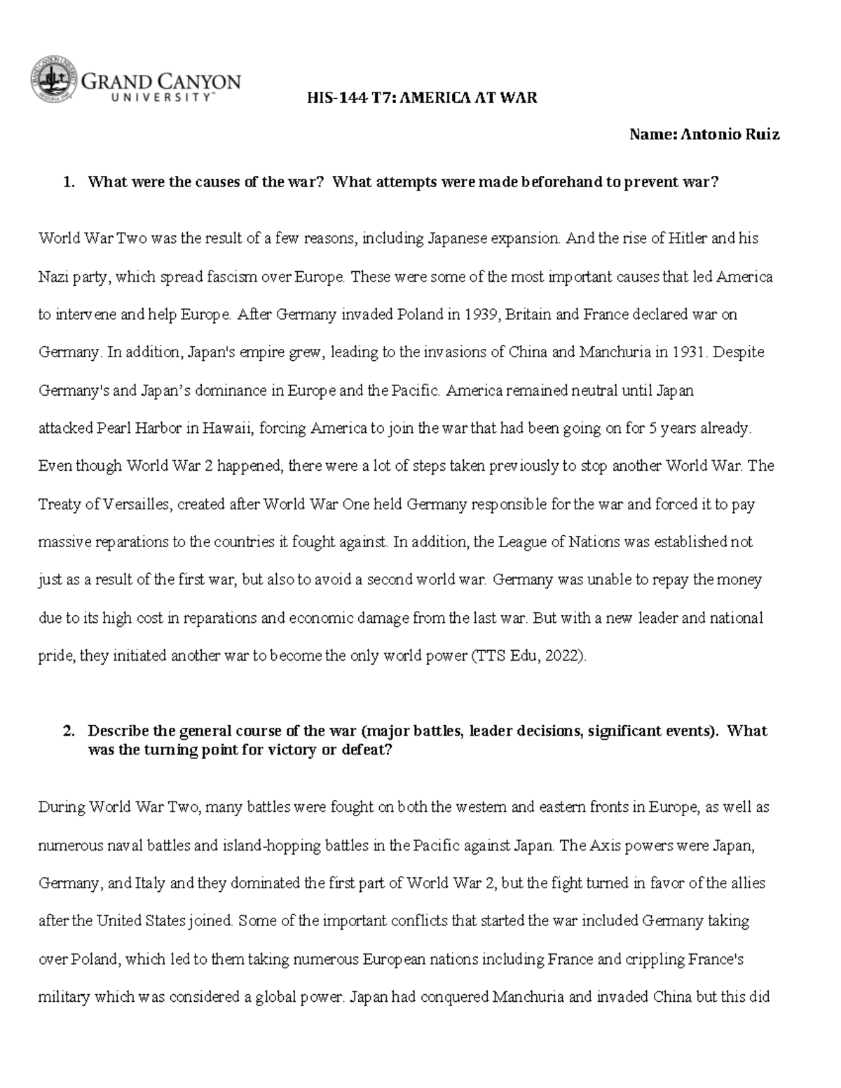 HIS-144-T-7: America at War Analysis Worksheet - Studocu