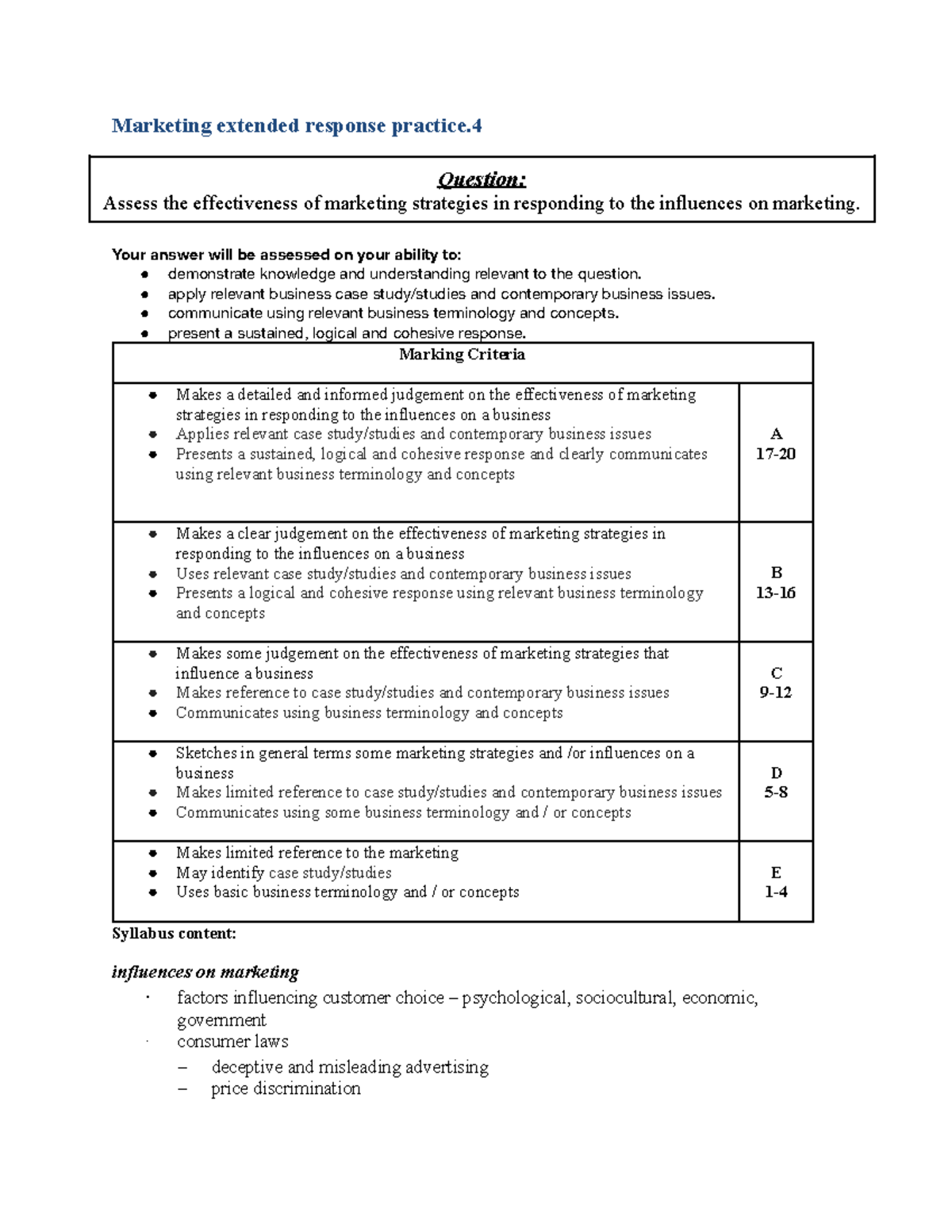 Marketing Extended Response Practice: Assessing Strategies & Influences ...