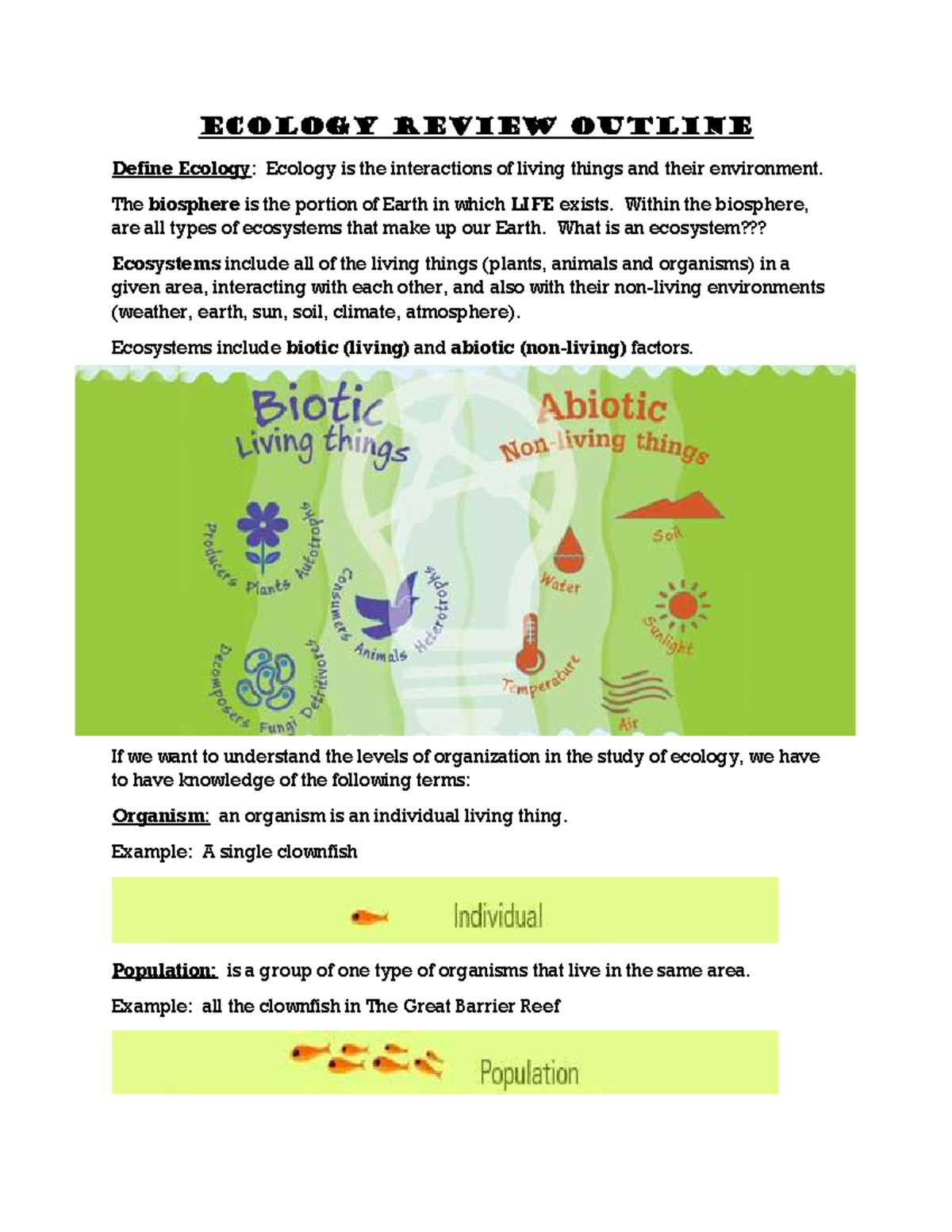 Ecology Review Outline: Key Concepts and Definitions for Exam Prep ...