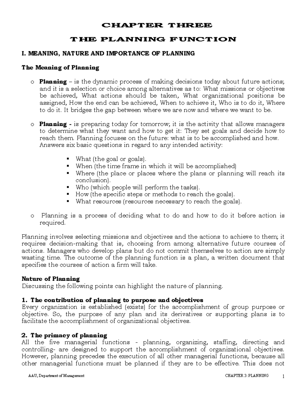 AAU, Department of Management: Chapter 3 - The Planning Function - Studocu
