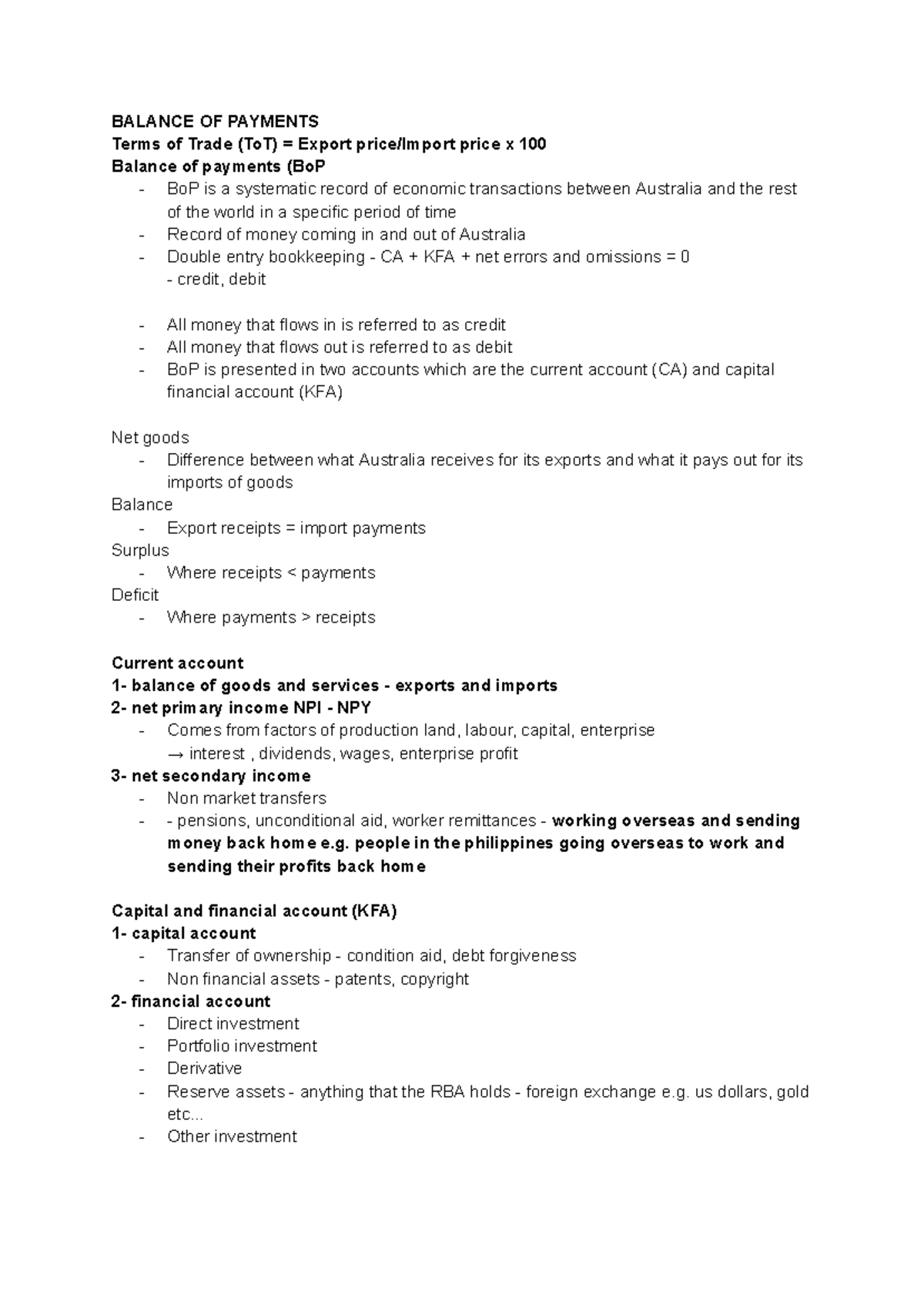 Economics Notes: Balance of Payments & Terms of Trade (ToT) - Studocu