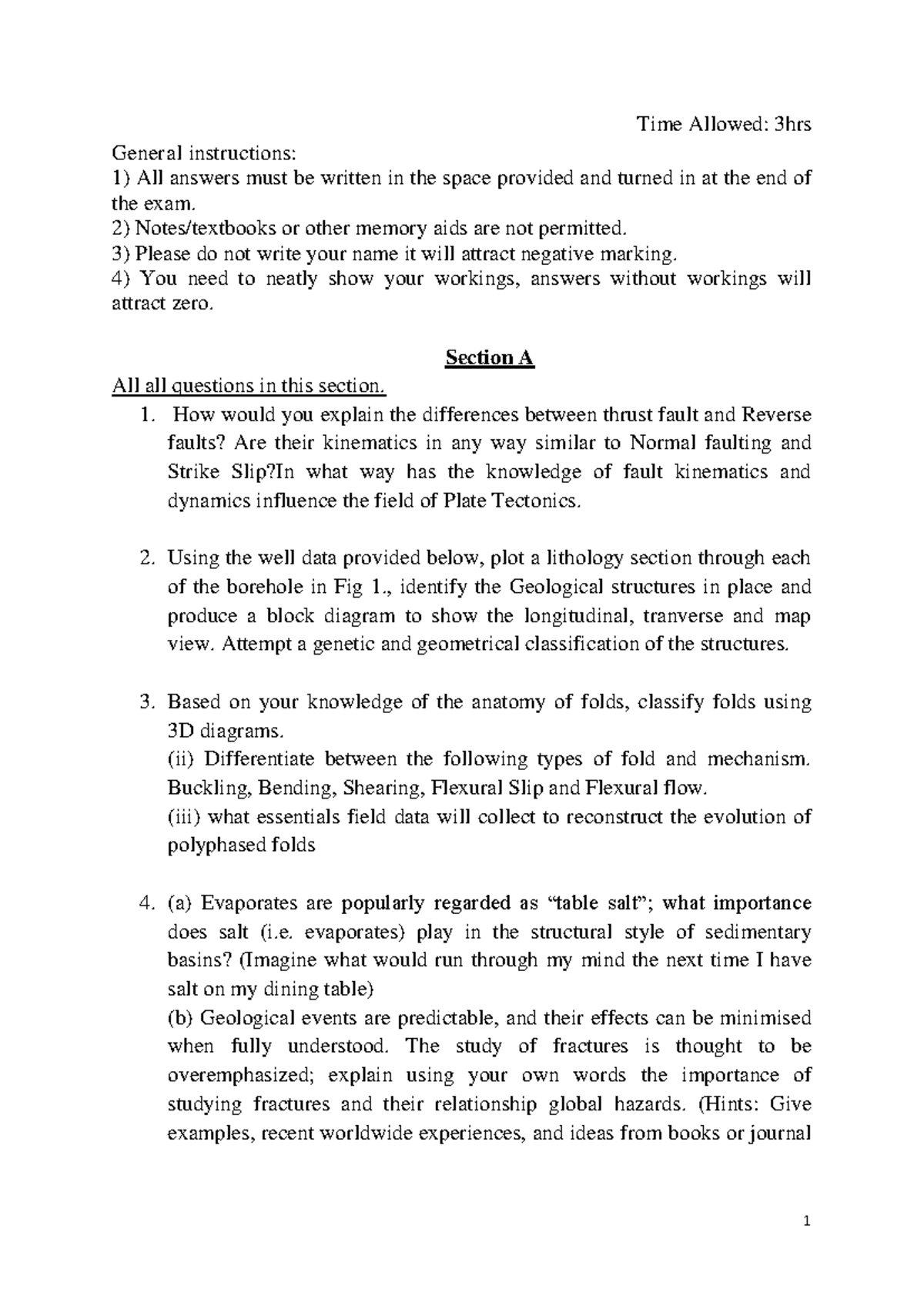 Model Exam Questions for Structural Geology (GEY 305) - Midterm 2010/ ...