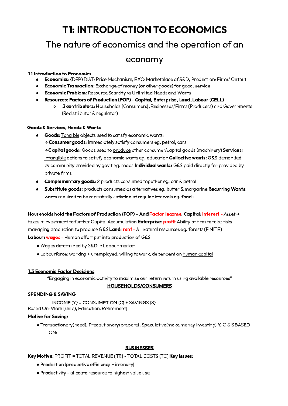 T1: INTRODUCTION TO ECONOMICS (DEP) - Key Concepts and Theories - Studocu
