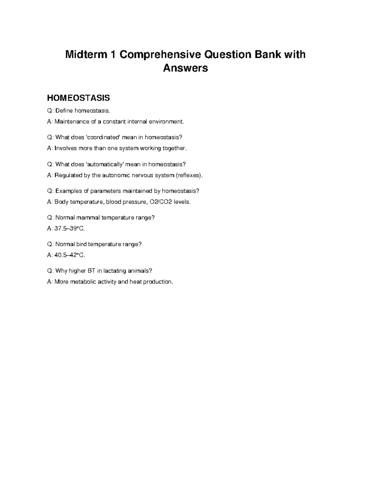 Midterm 1 Question Bank (S8:L2): Homeostasis & Thermoregulation - Studocu