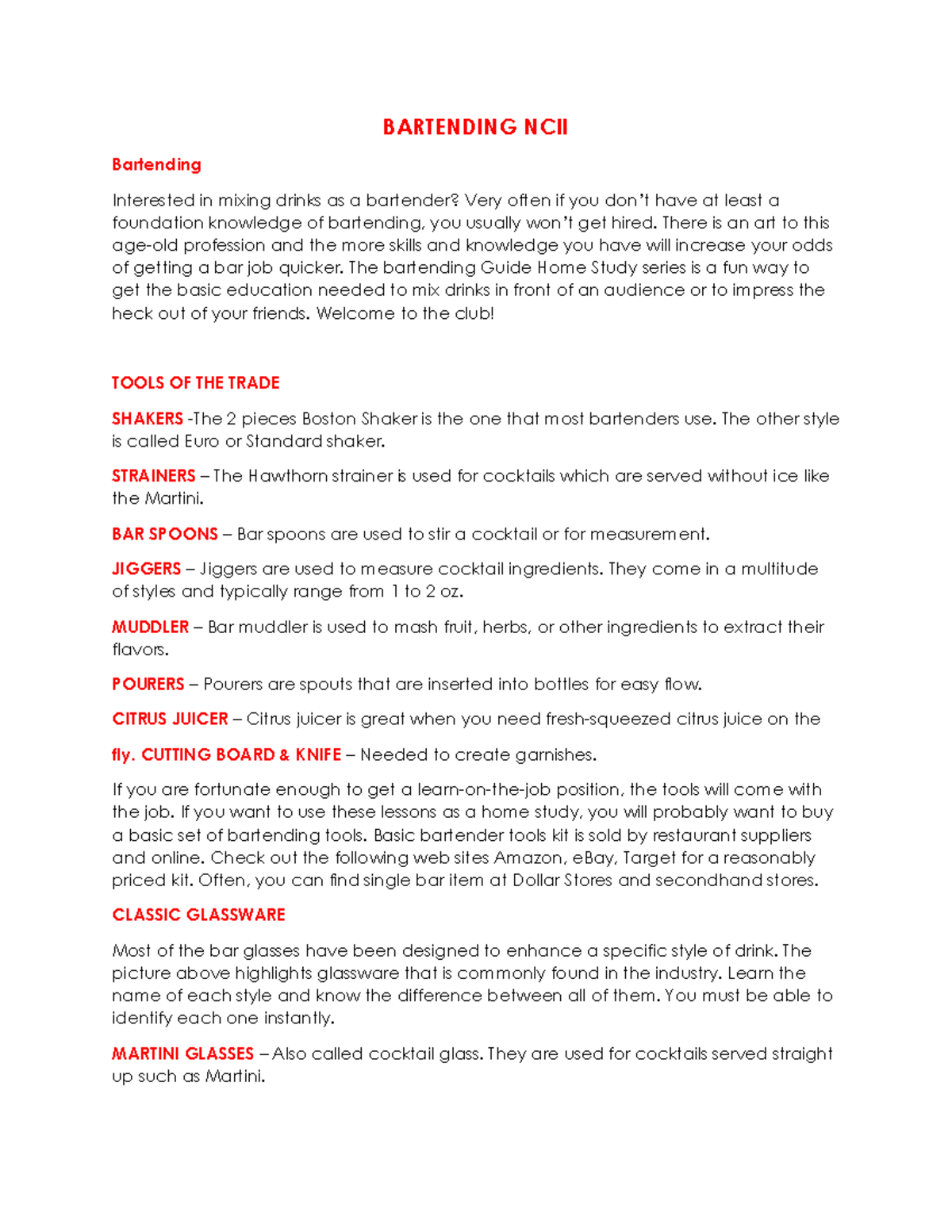 Bartending NCII 1 - STUDY GUIDE - Hospitality group of specializations - Studocu