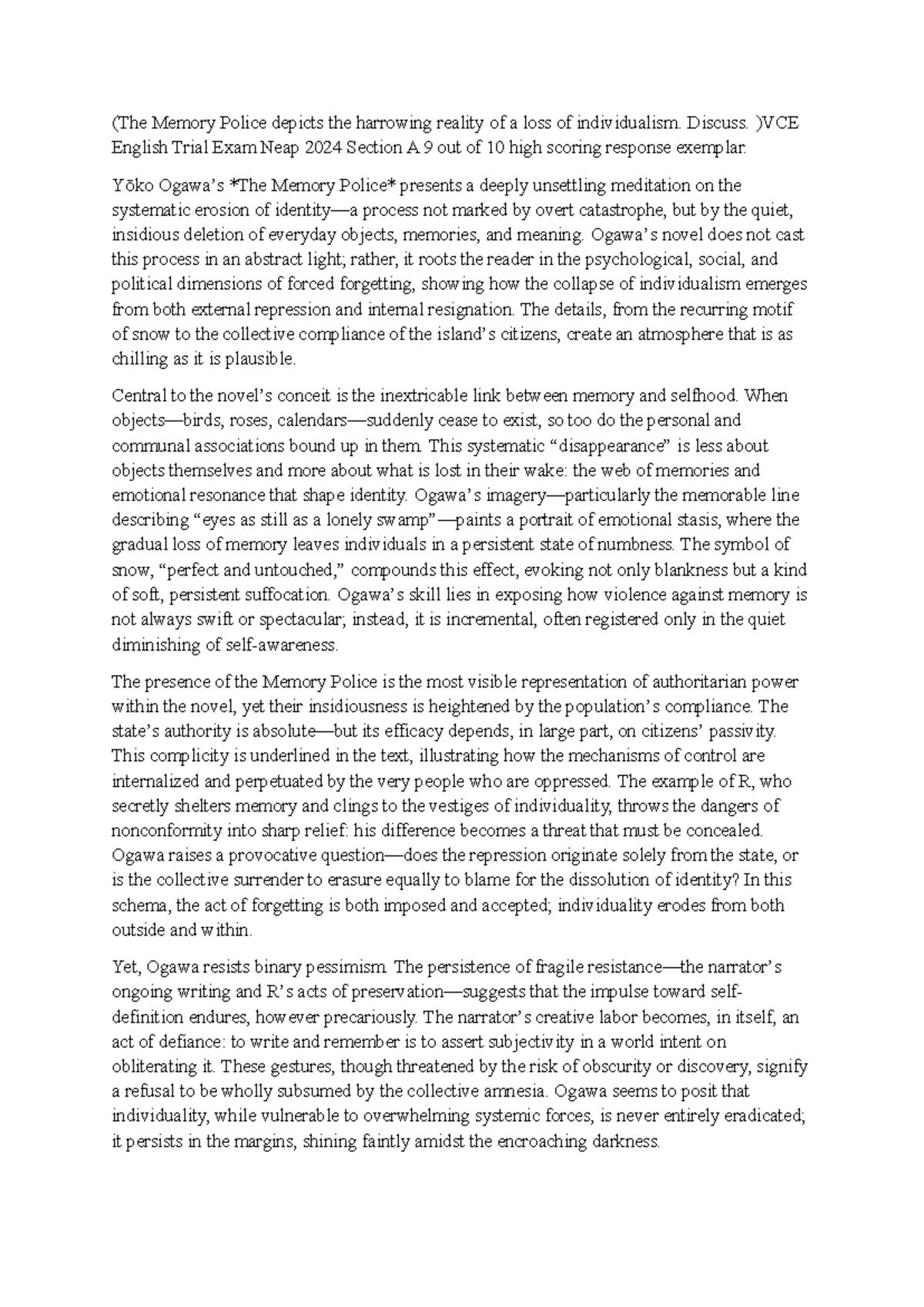 VCE English Trial Exam Neap 2024: High Scoring Response on Memory ...