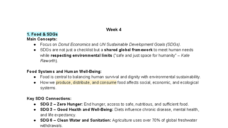 Sustain 101: Week 4 Notes on Food SDGs & Donut Economics - Studocu