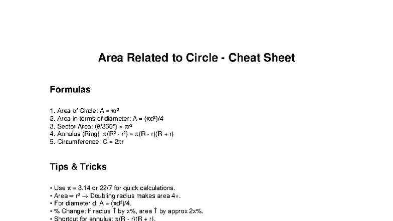 Circle Area Cheat Sheet: Key Formulas & Tips - Studocu