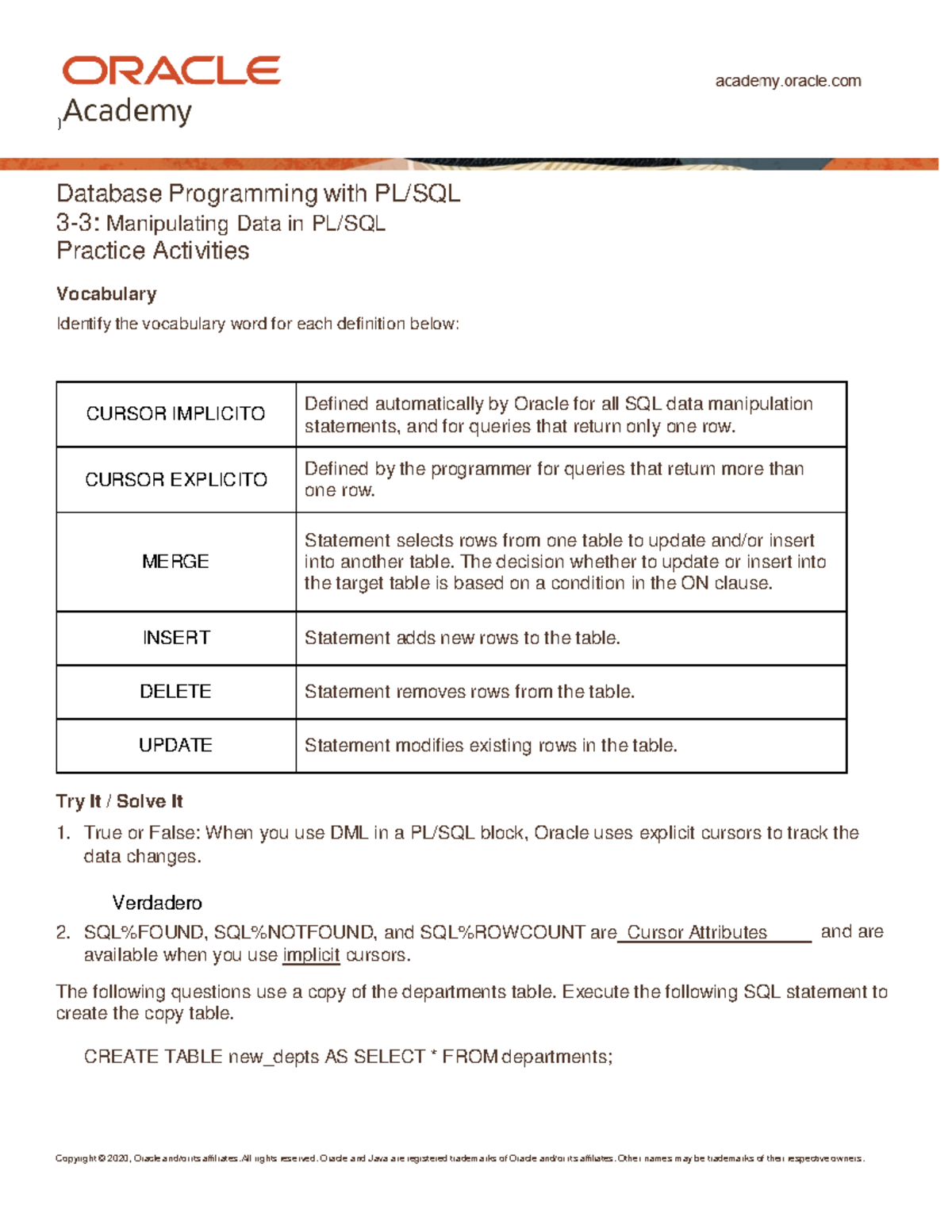 Plsql 3 3 Practice - } Database Programming with PL/SQL 3-3 ...