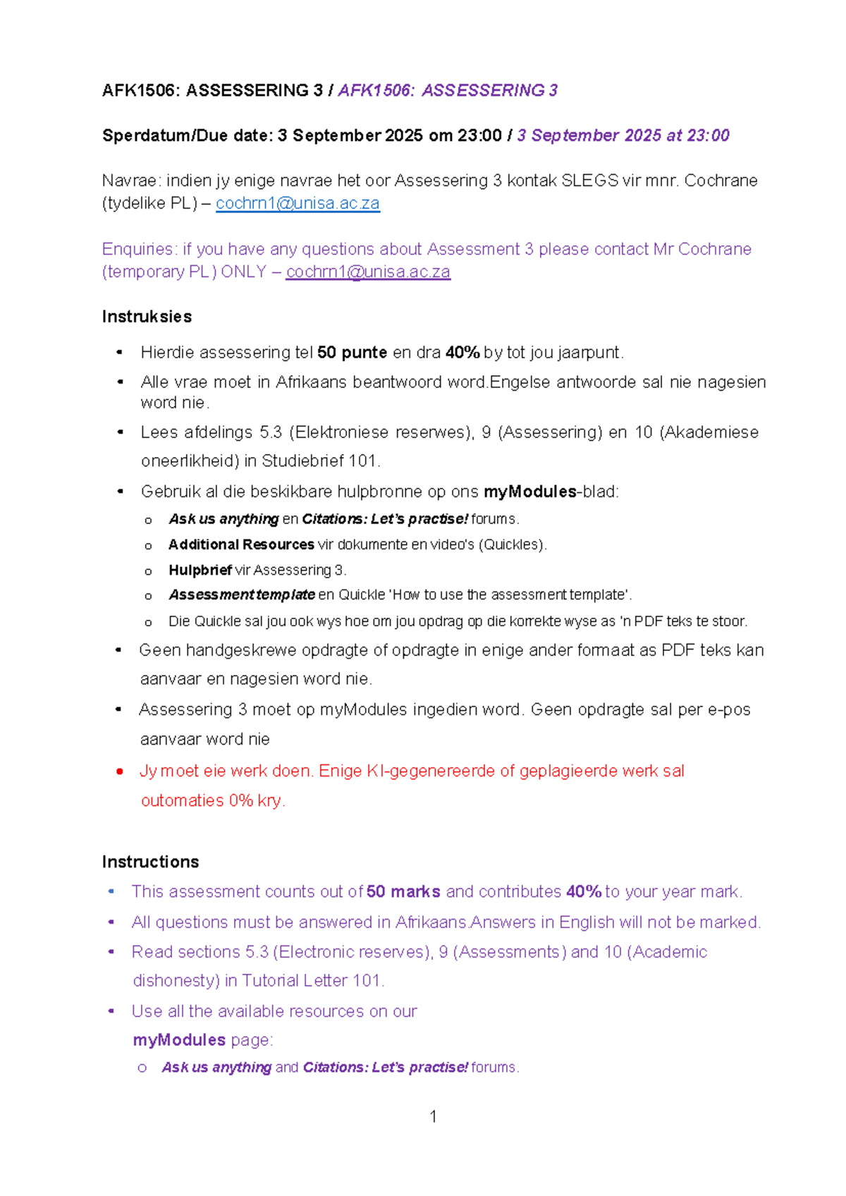 AFK1506: Assessering 3 - Belangrike Inligting en Vrae - Studocu