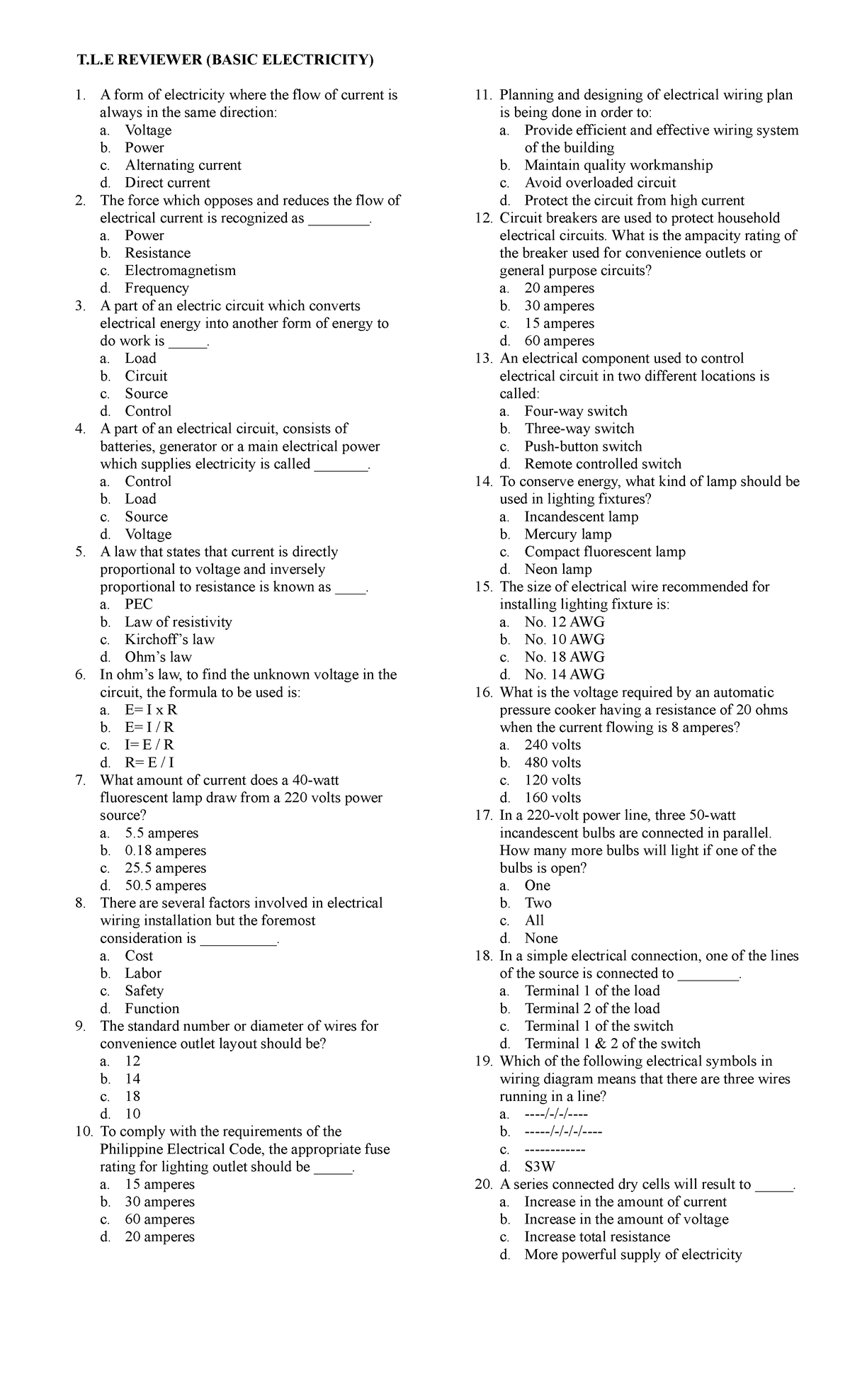 TLE Basic Electricity Reviewer: Key Concepts and Practice Questions ...