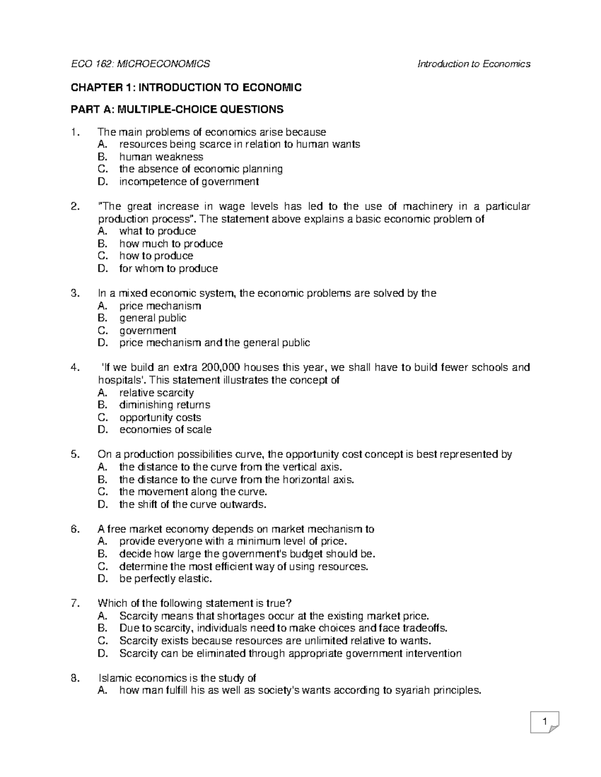 Chapter 1: MCQ Exercises on Economic Principles and Concepts - Studocu