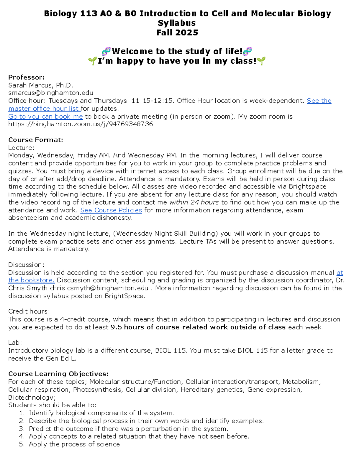 BIOL 113 Syllabus: Intro to Cell & Molecular Biology - Fall 2025 - Studocu