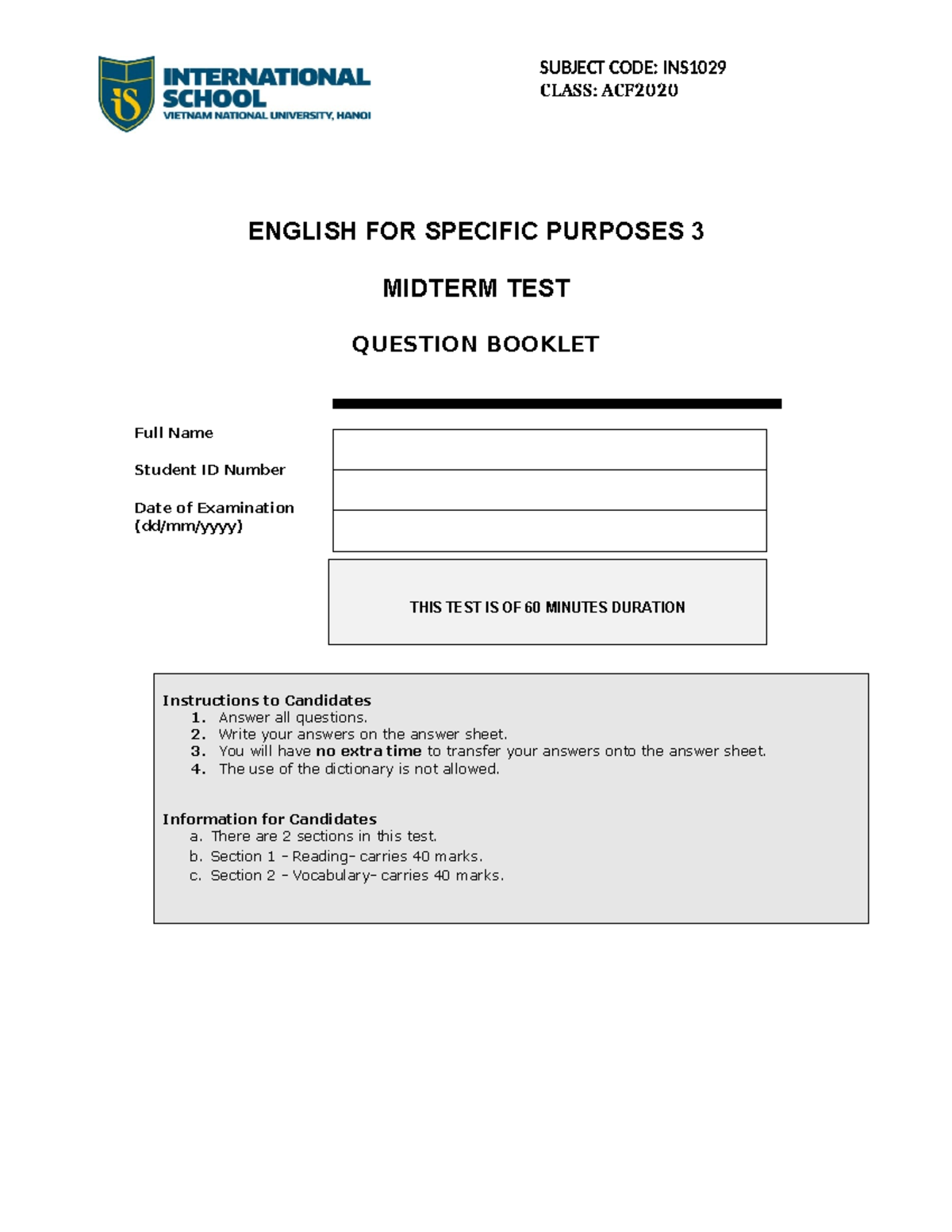 2022 ESP3 - Midterm Test: English for Specific Purposes 3 - Studocu