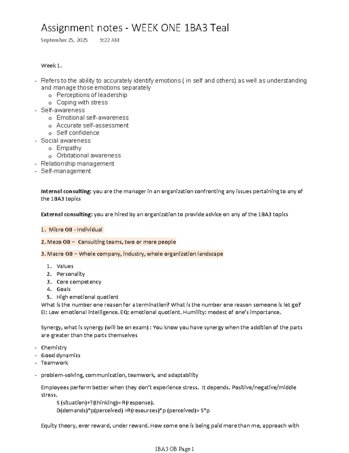 Week 1 Assignment Notes: Emotional Intelligence & Management Concepts ...