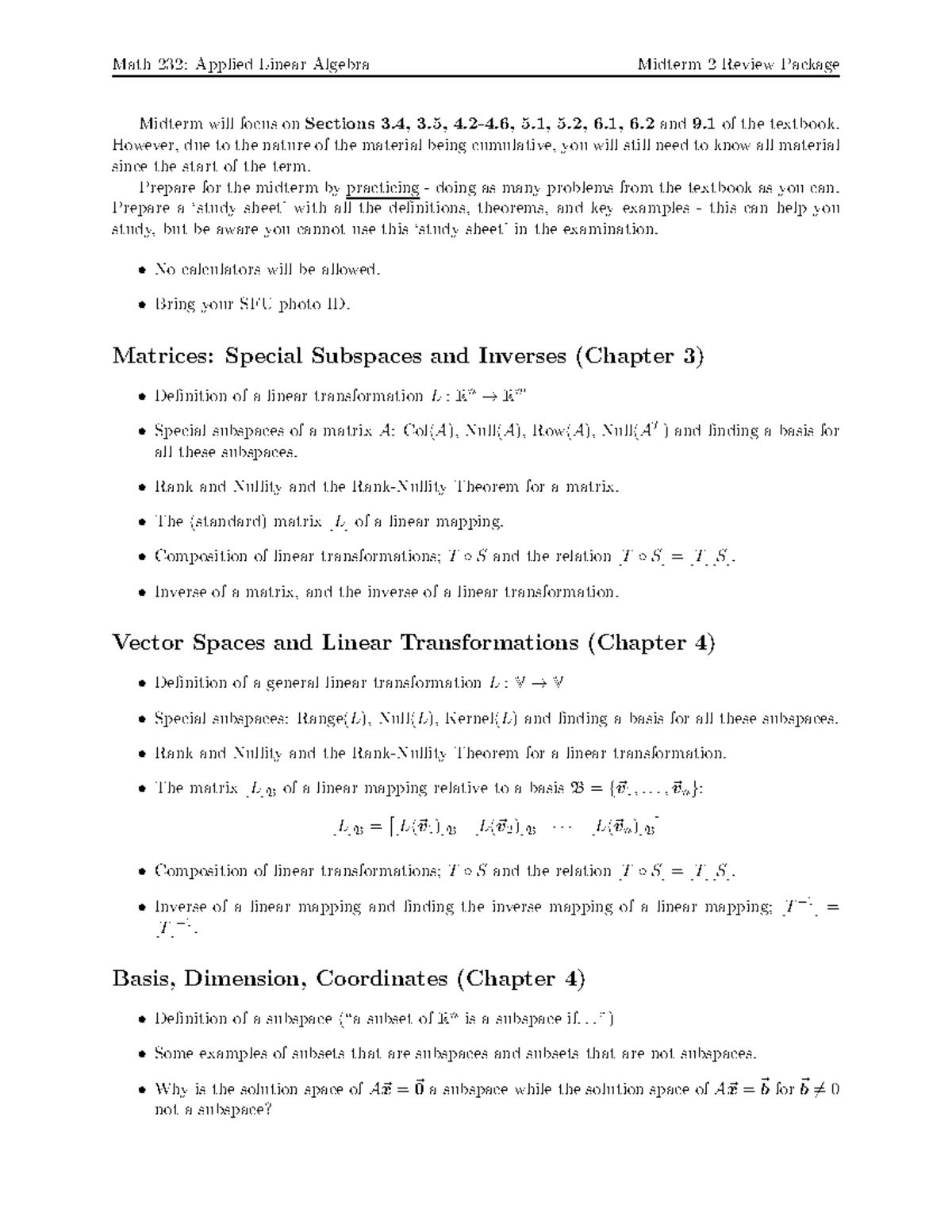 Math 232: Applied Linear Algebra Midterm 2 Review Guide - Studocu