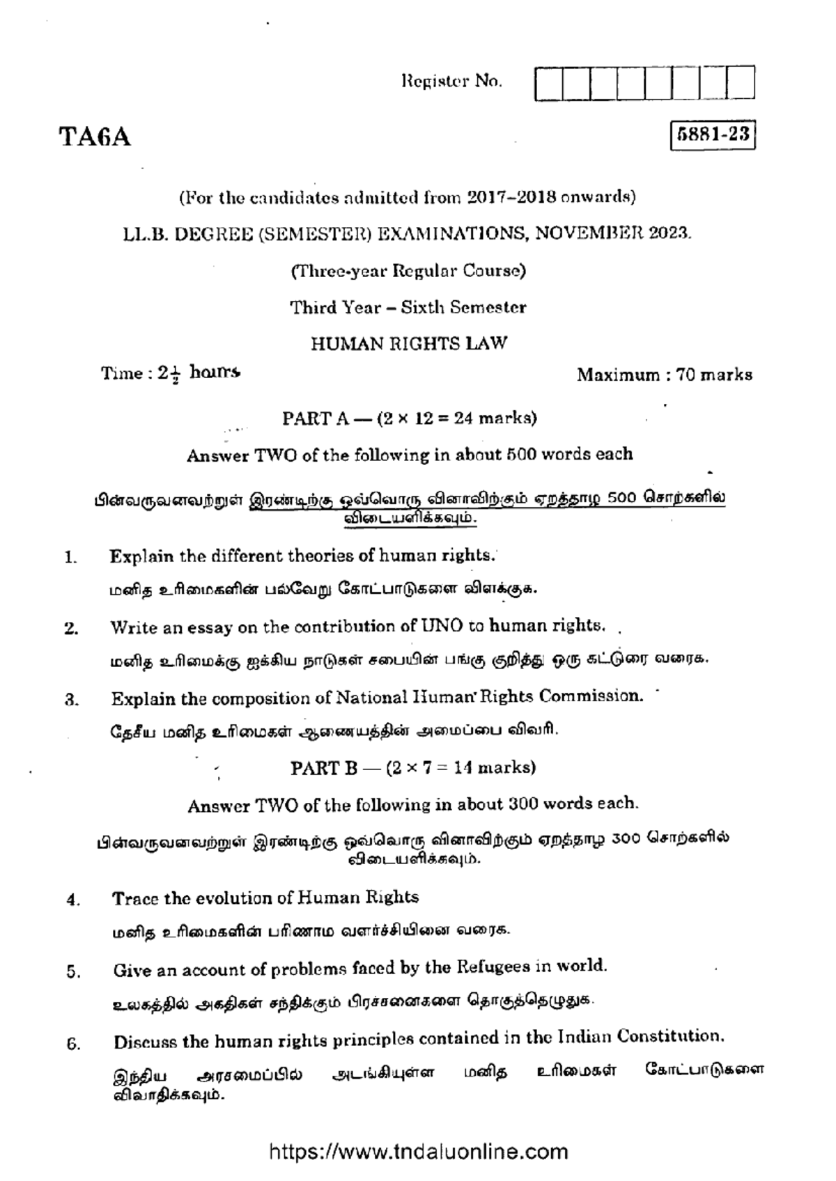 LL.B. 6th Sem Human Rights Law Exam Questions - Nov 2023 - Studocu