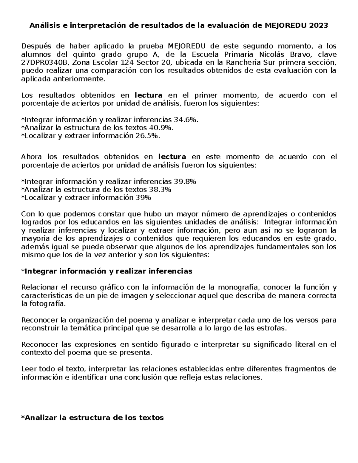 Análisis y Resultados de la Evaluación MEJOREDU 2023 en Grado 5 - Studocu