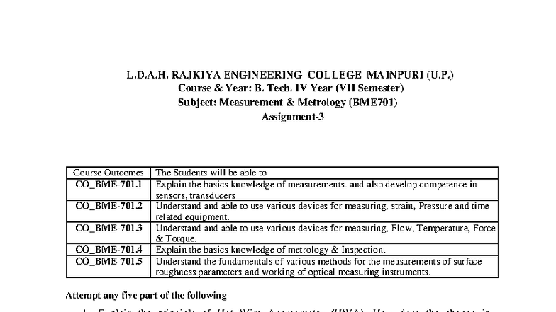 BME701 Measurement Metrology Assignment 3 Overview and Questions - Studocu