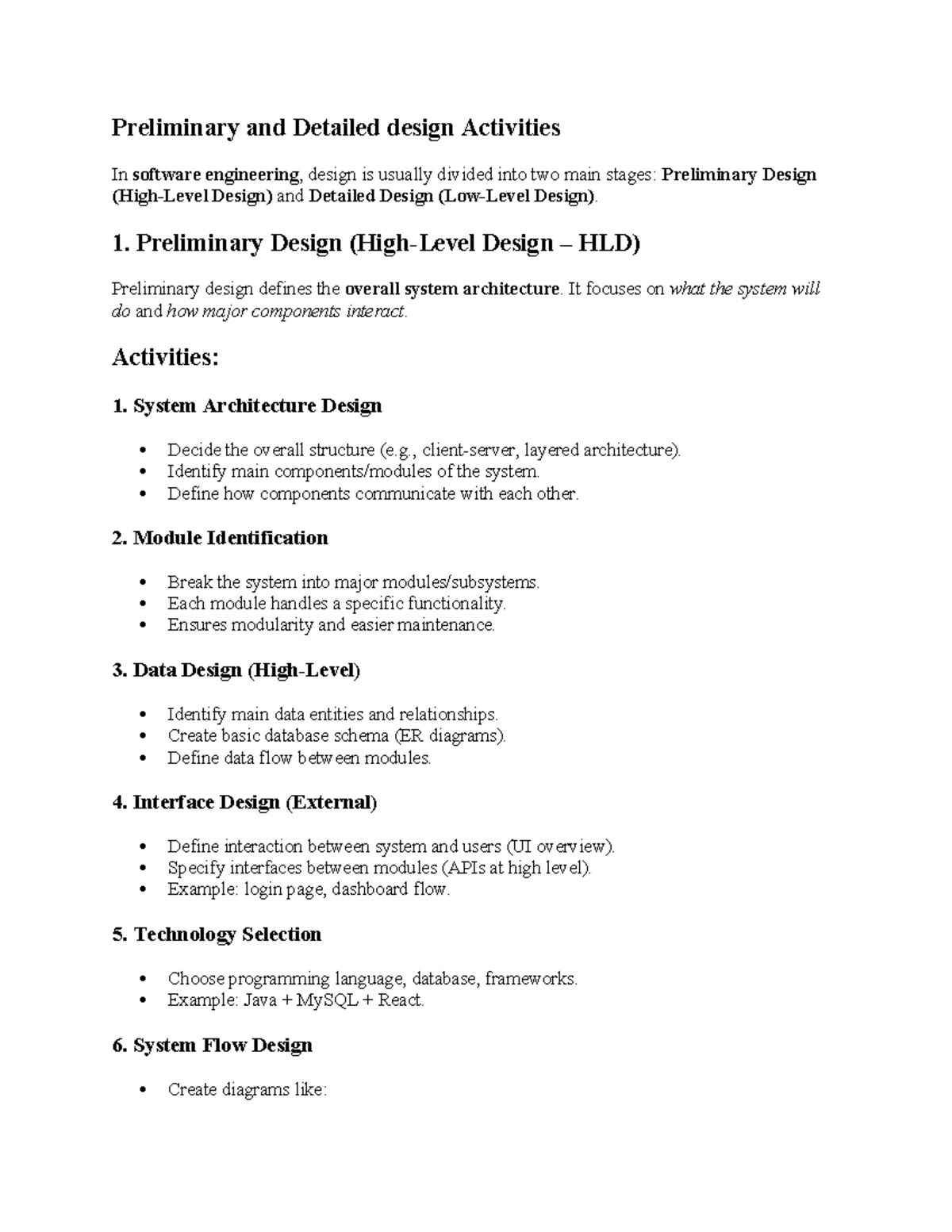 Preliminary and Detailed Design Activities in Software Engineering ...