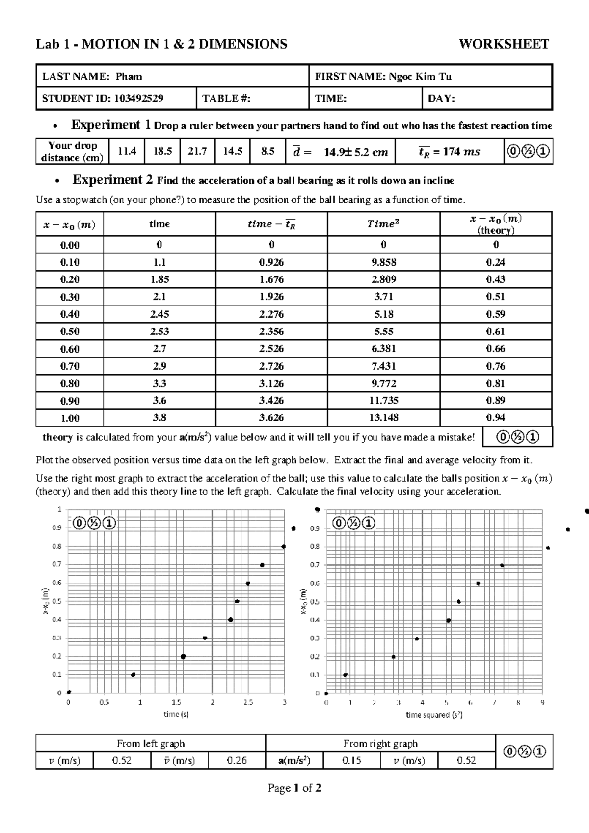Lab 1 - Motion in 1 & 2 Dimensions Worksheet (Physics 101) - Studocu