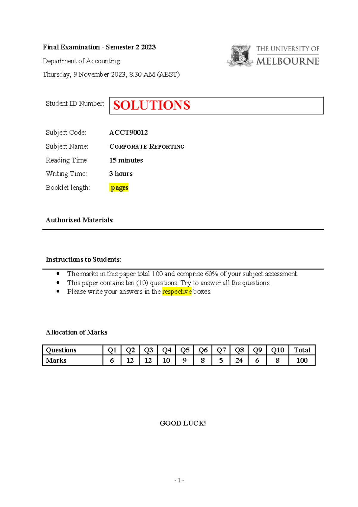 ACCT90012 SM2 2023 Final Exam Solutions for Corporate Reporting - Studocu