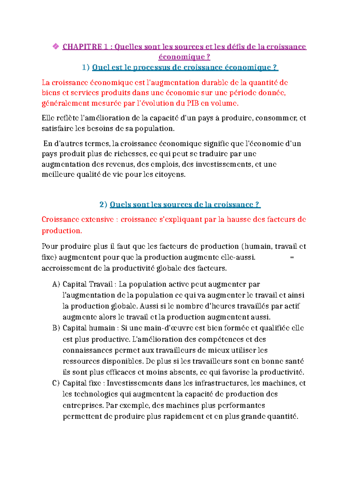 Fiche de Révision : Sources et Défis de la Croissance Économique - EC1 - Studocu
