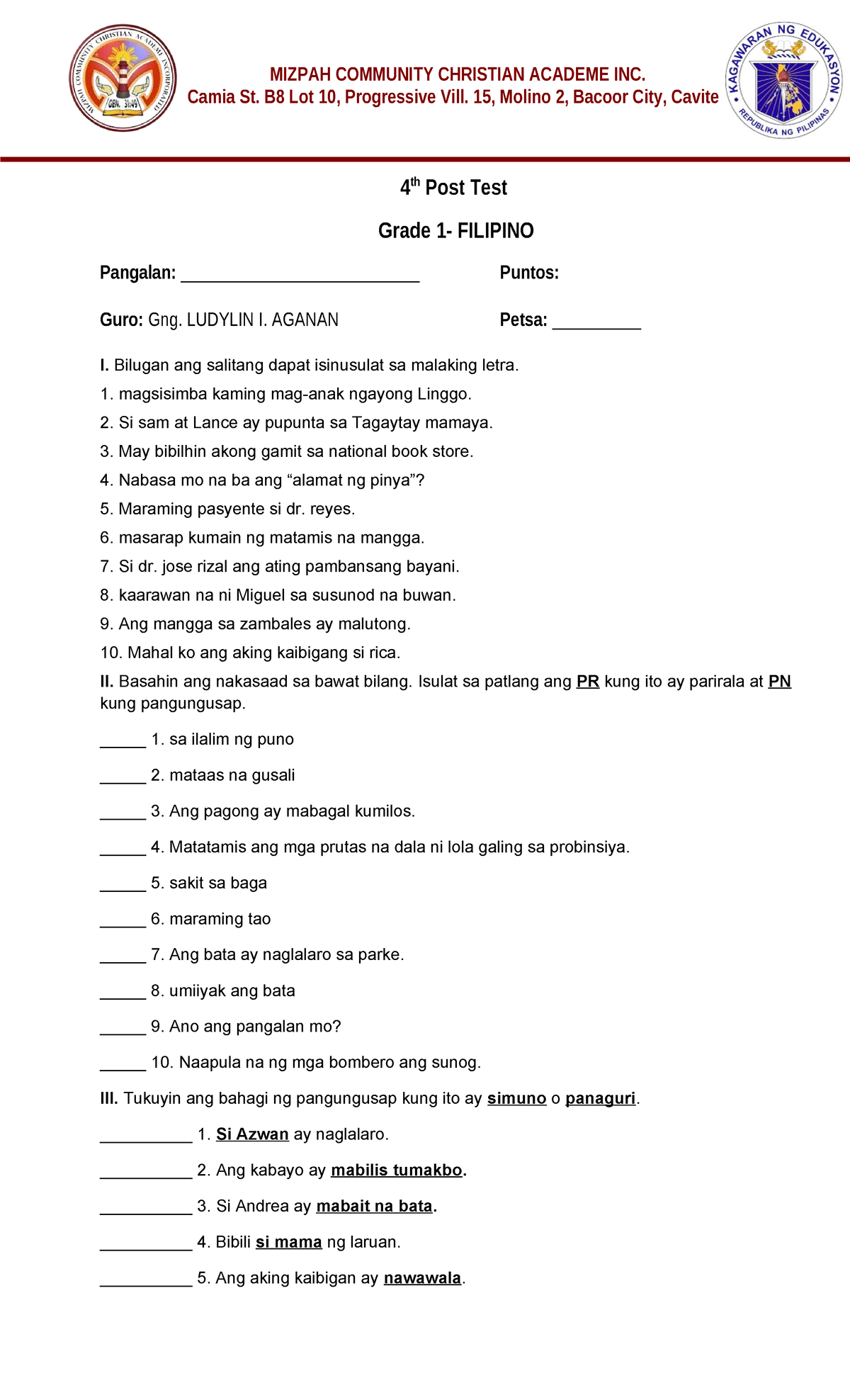 4th Post Test in Filipino 1 - MIZPAH COMMUNITY CHRISTIAN ACADEME - Studocu