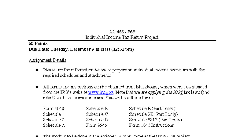 AC 469 Individual Income Tax Return Project - 60 Points Assignment ...