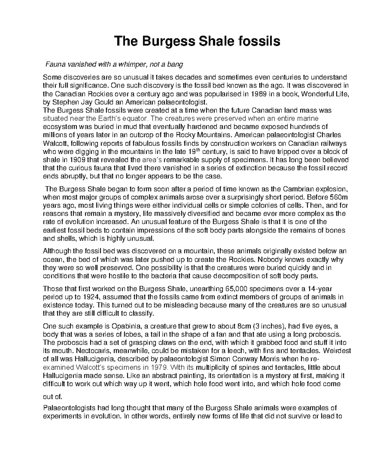 The Burgess Shale Fossils Analysis - IELTS Reading Study Guide - Studocu