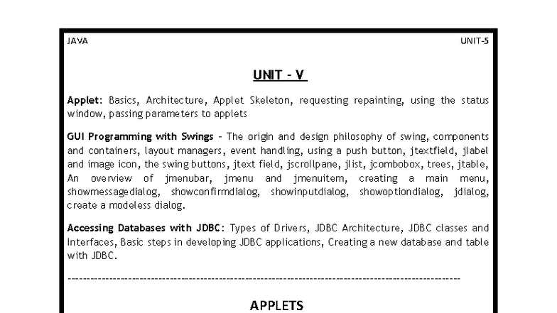 JAVA UNIT V: Applets, Swing GUI, and JDBC Overview - Studocu