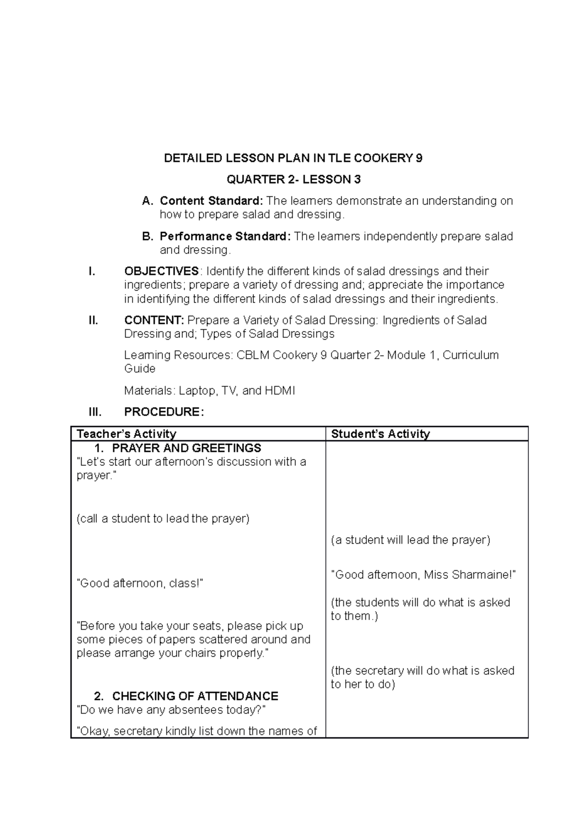 Detailed Lesson Plan: TLE Cookery 9 - Salad Dressings & Preparation ...