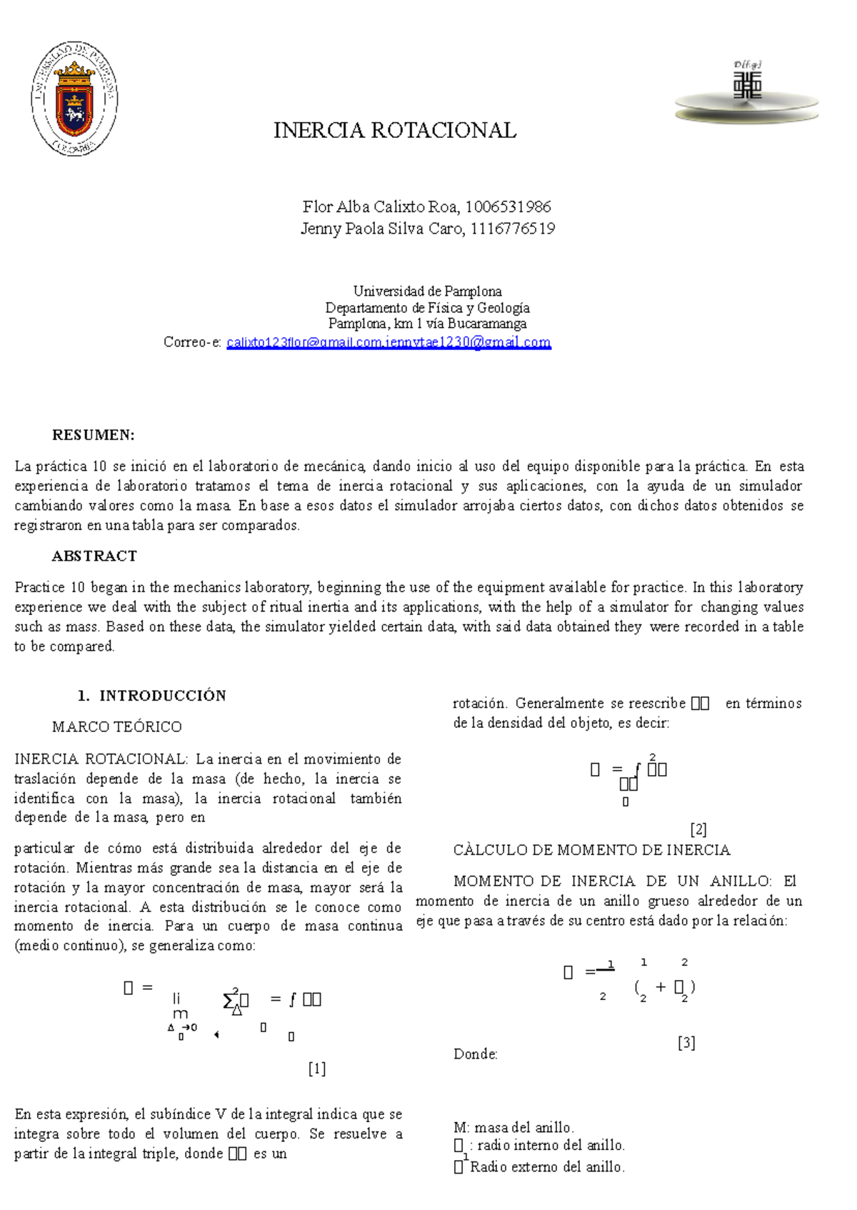 Practica 10 bien - Pppp - INERCIA ROTACIONAL Flor Alba Calixto Roa ...