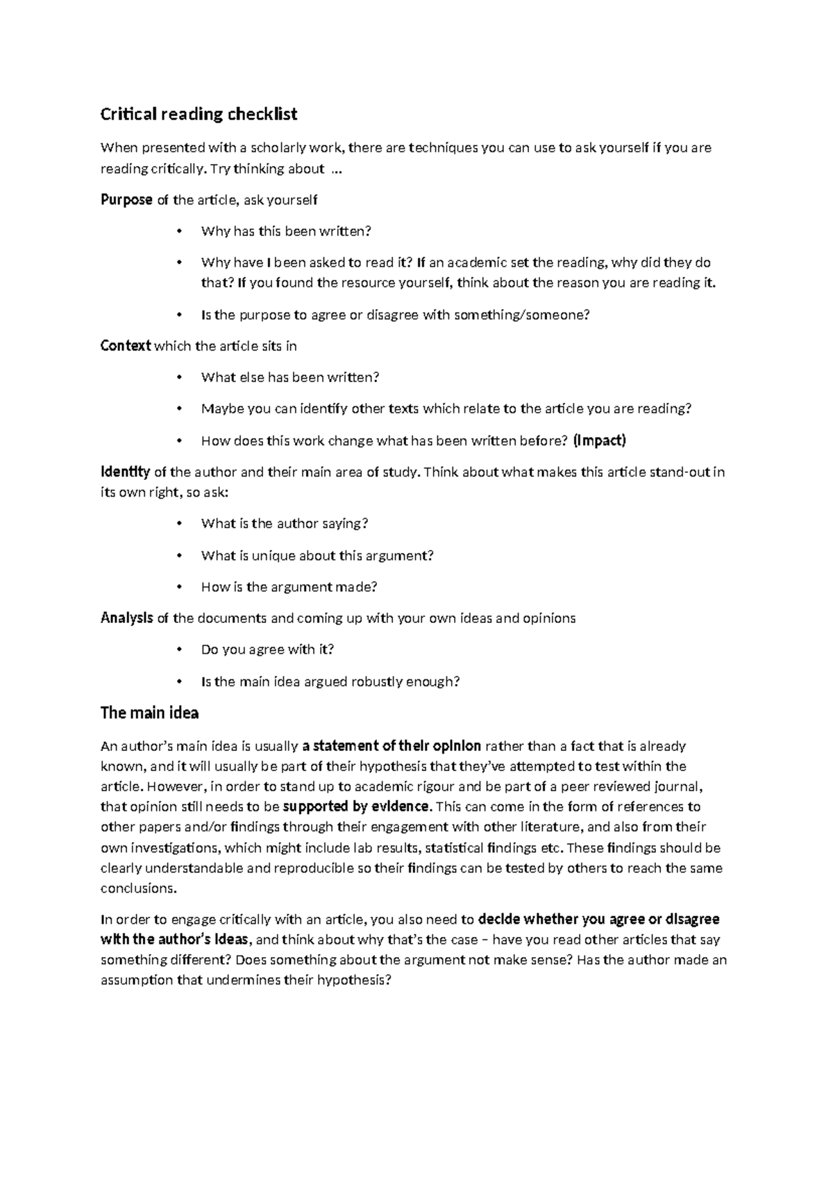 Critical Reading Checklist for Scholarly Texts: Guidelines and ...
