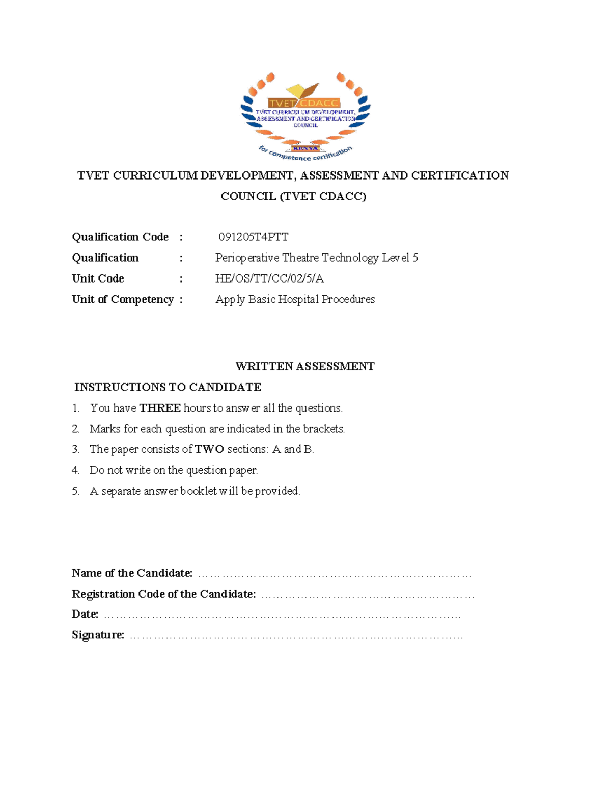 Basic Hospital Procedures Level 5 Assessment - Qualification Code ...