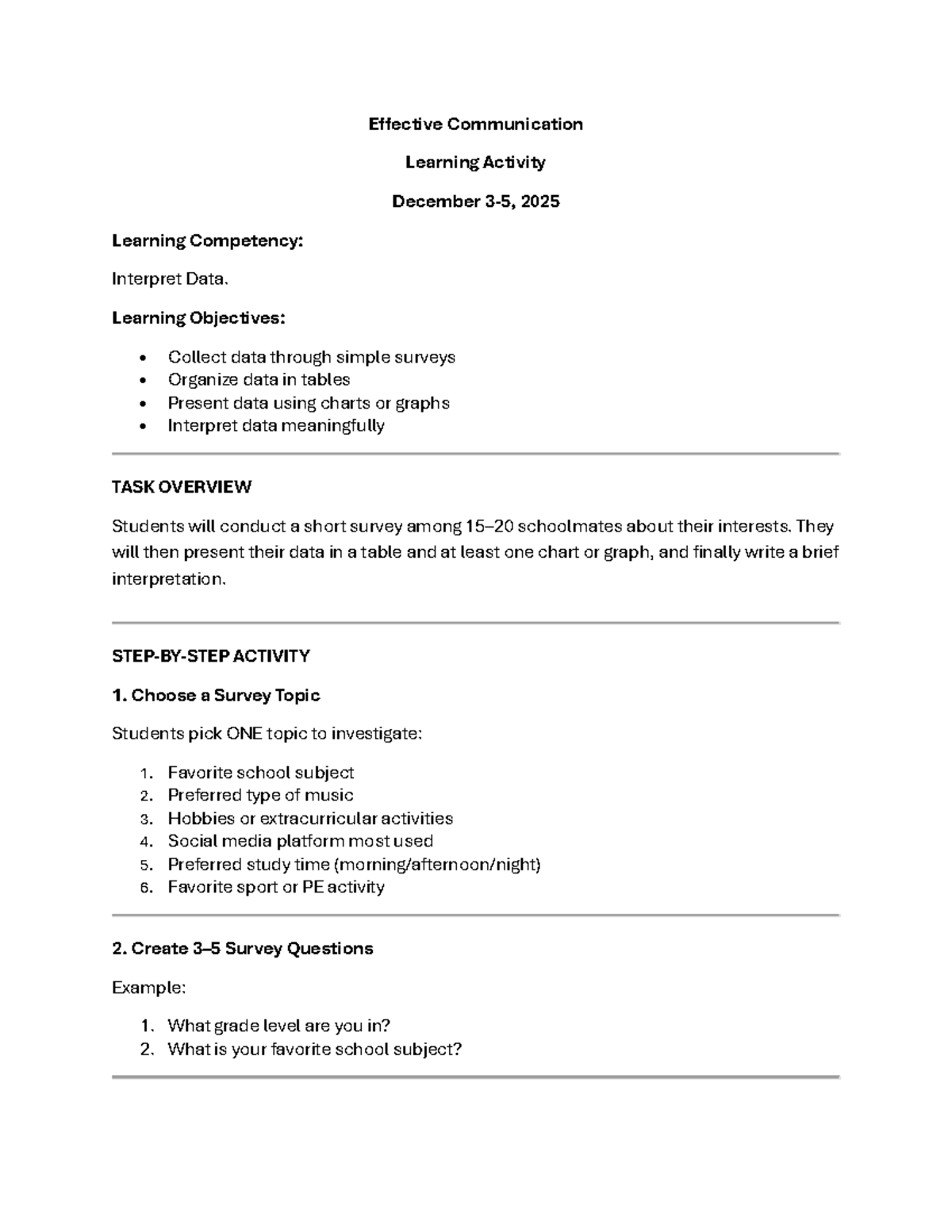 Effective Communication Learning Activity: Data Interpretation Task ...