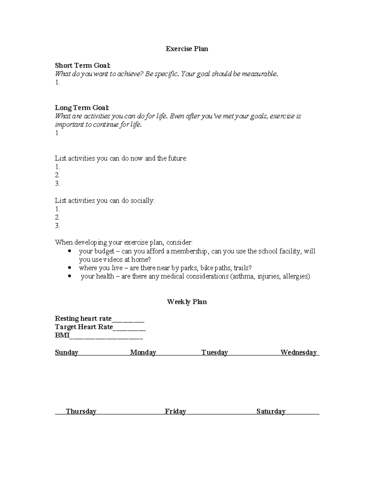 Exercise Plan: Short & Long Term Goals for Fitness - Exercise Plan-1-1 ...
