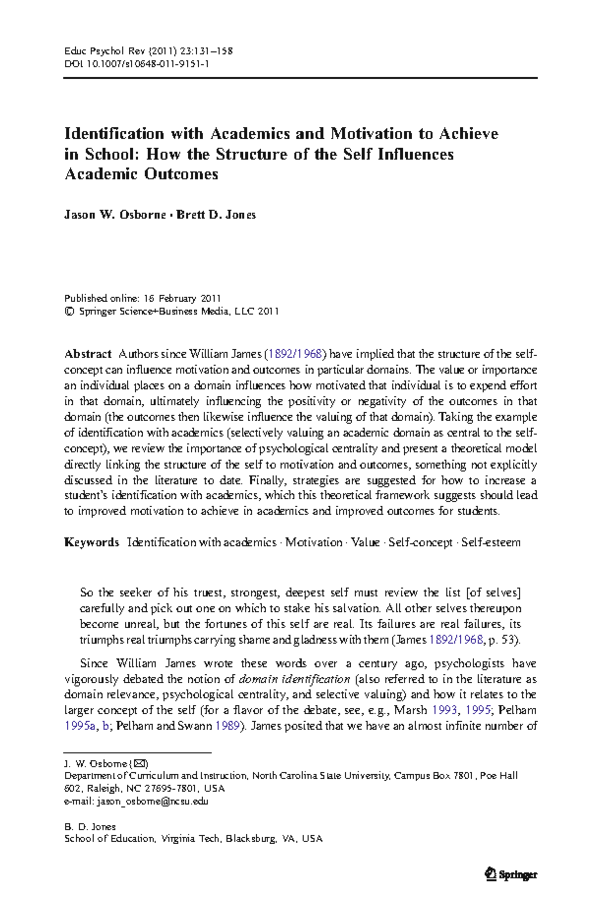 Identification with Academics and Motivation: A Theoretical Framework ...