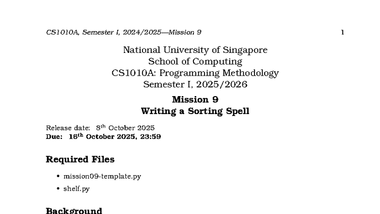 CS1010A: Semester I, Mission 9 - Writing a Sorting Spell - Studocu