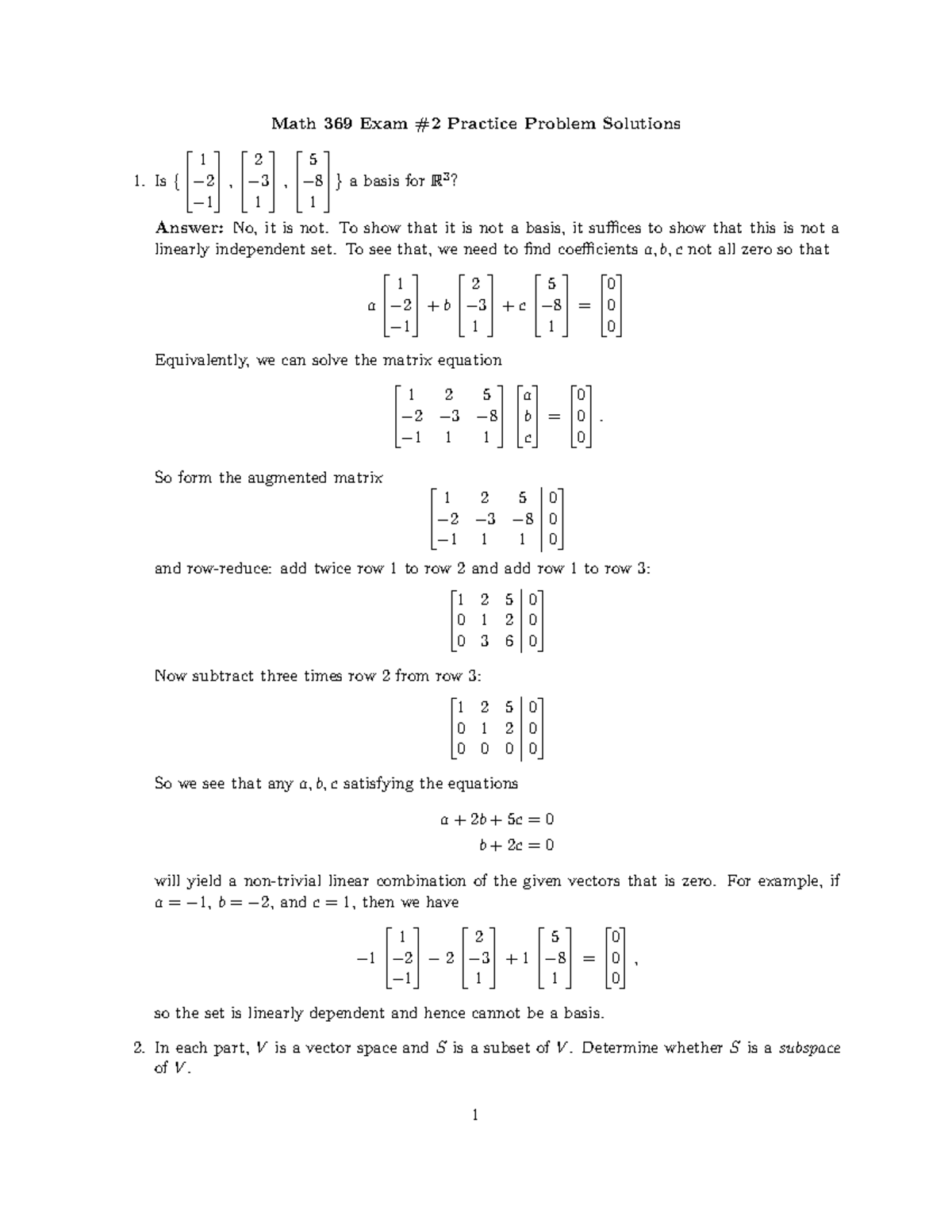 Math 369 Exam 2 Practice Problem Solutions and Explanations - Studocu