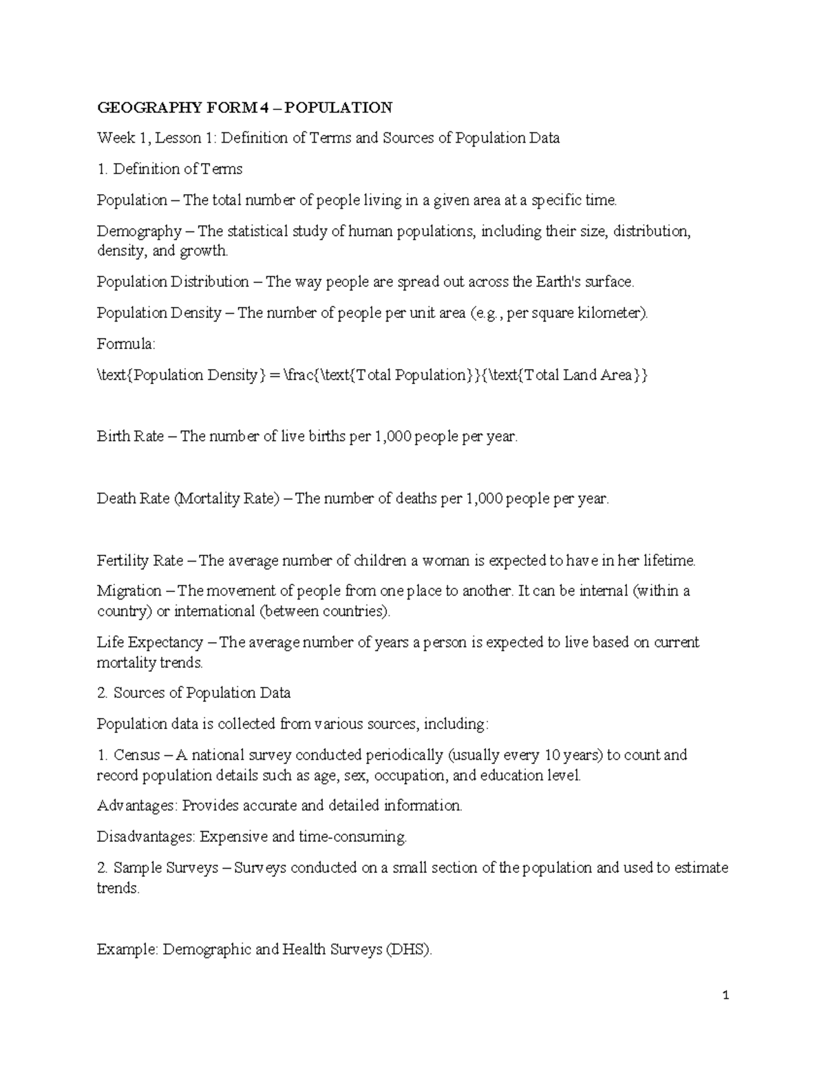 Geography Form 4: Population Dynamics & Influencing Factors - Studocu