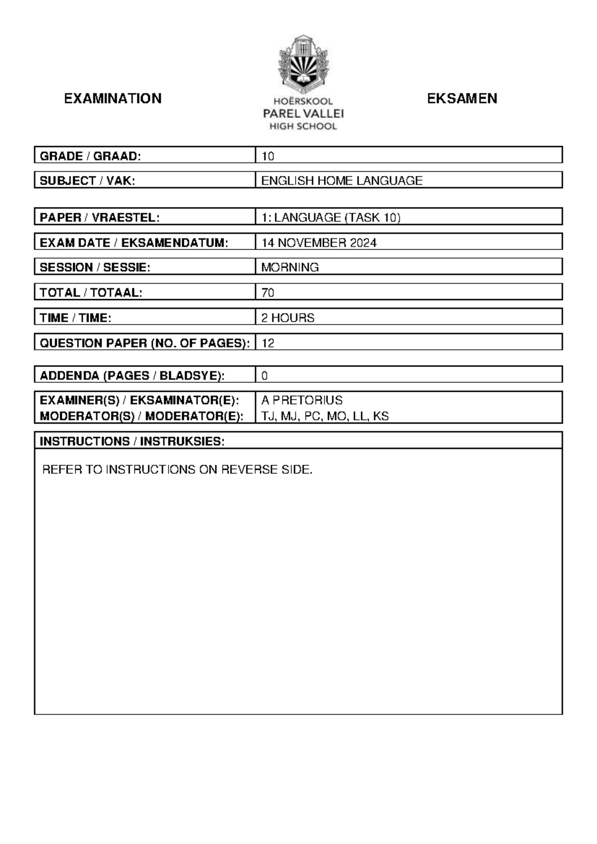 Gr10EHL Nov 2024 Practice Paper 1: Language Exam - Studocu
