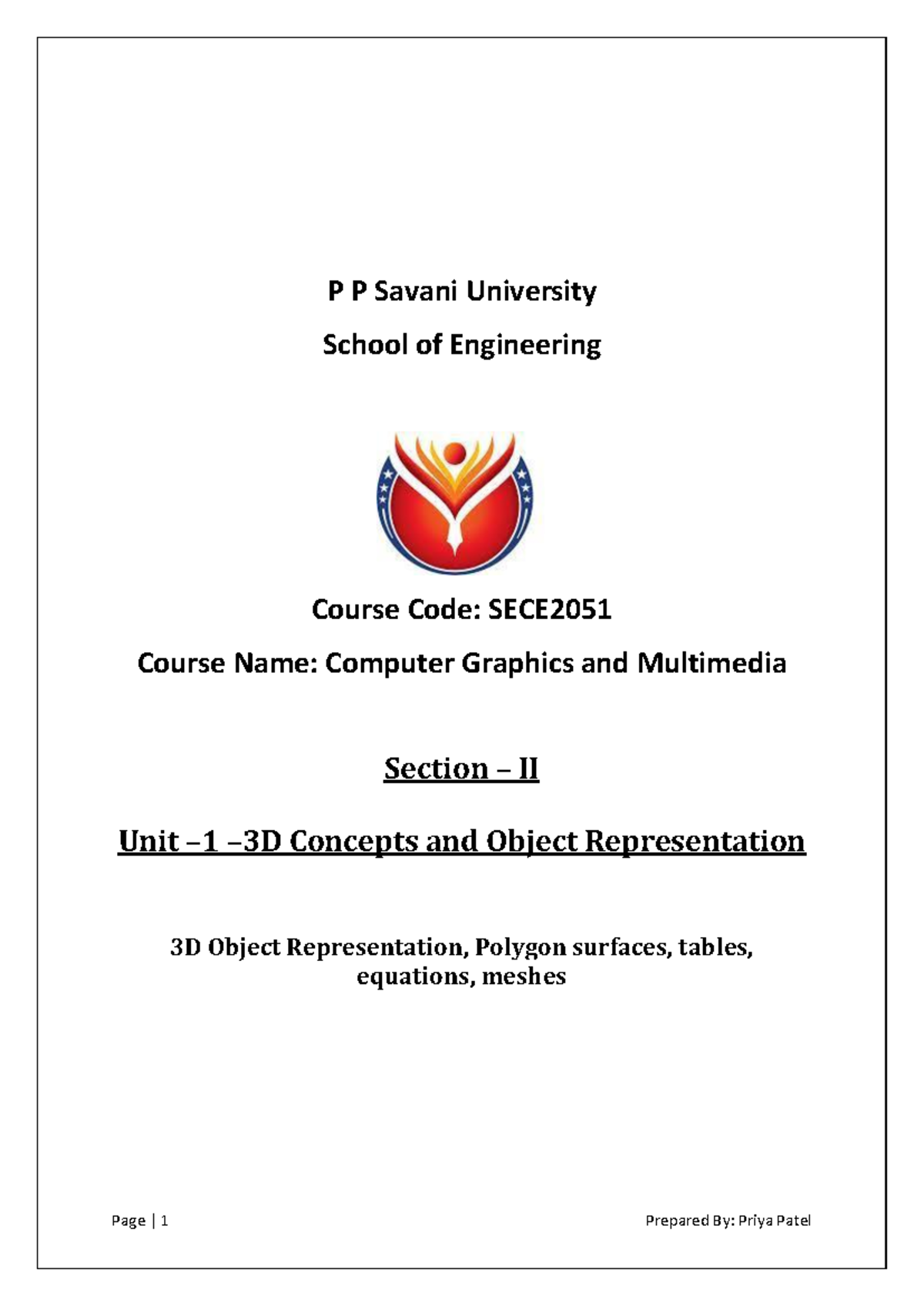 Unit 1 3D Object Representation, Polygon surfaces, tables, equations, meshes - P P Savani ...