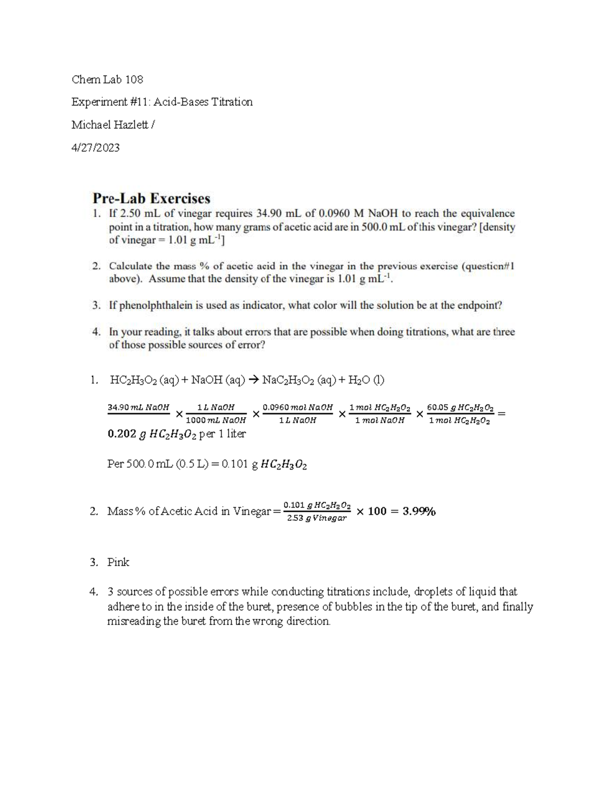 Chem Lab 108: Acid-Base Titration Prelab Notes - Studocu