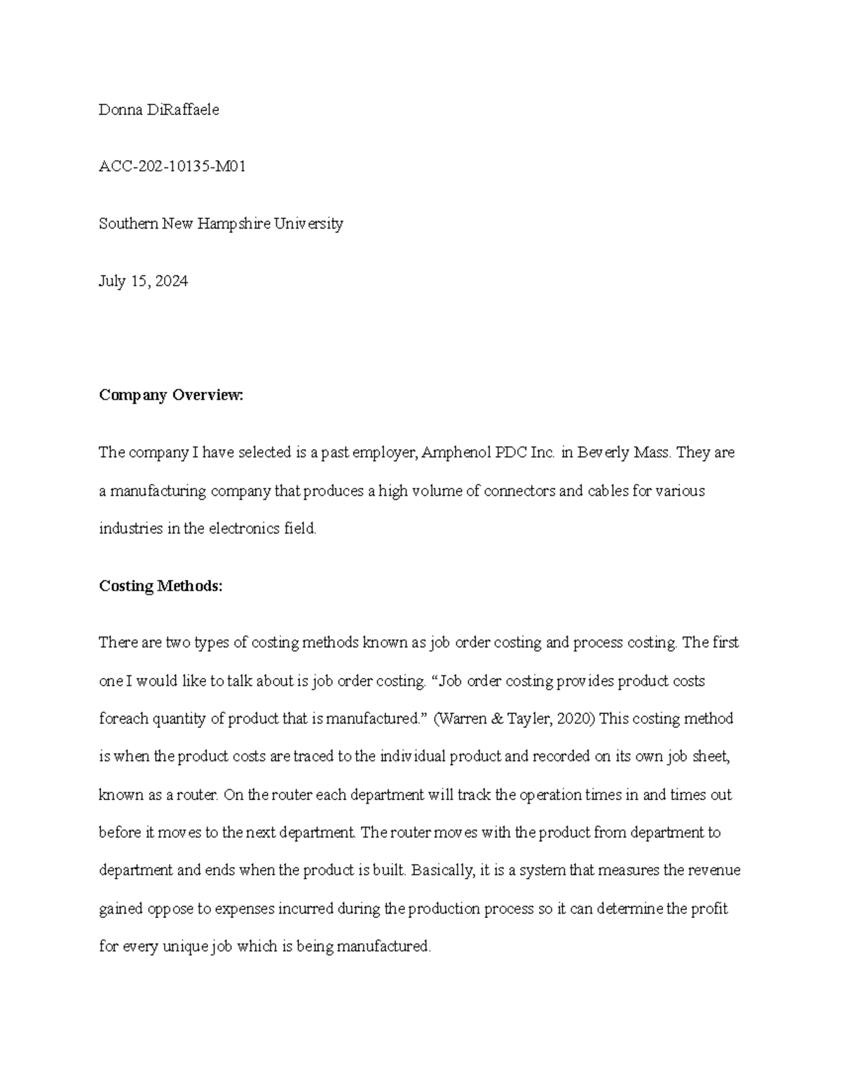 3 2 Assignment Costing Methods Donna Diraffaele Acc 202 10135 M