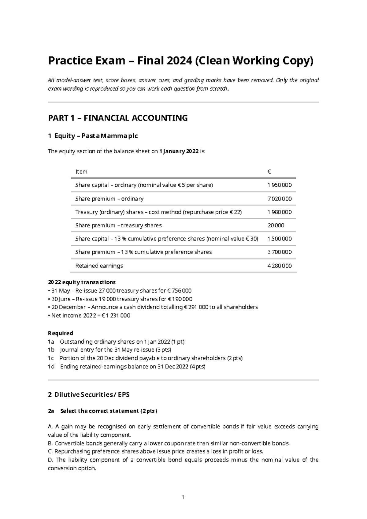 Accounting Practice Exam Final 2024 - Clean Working Copy - Studeersnel