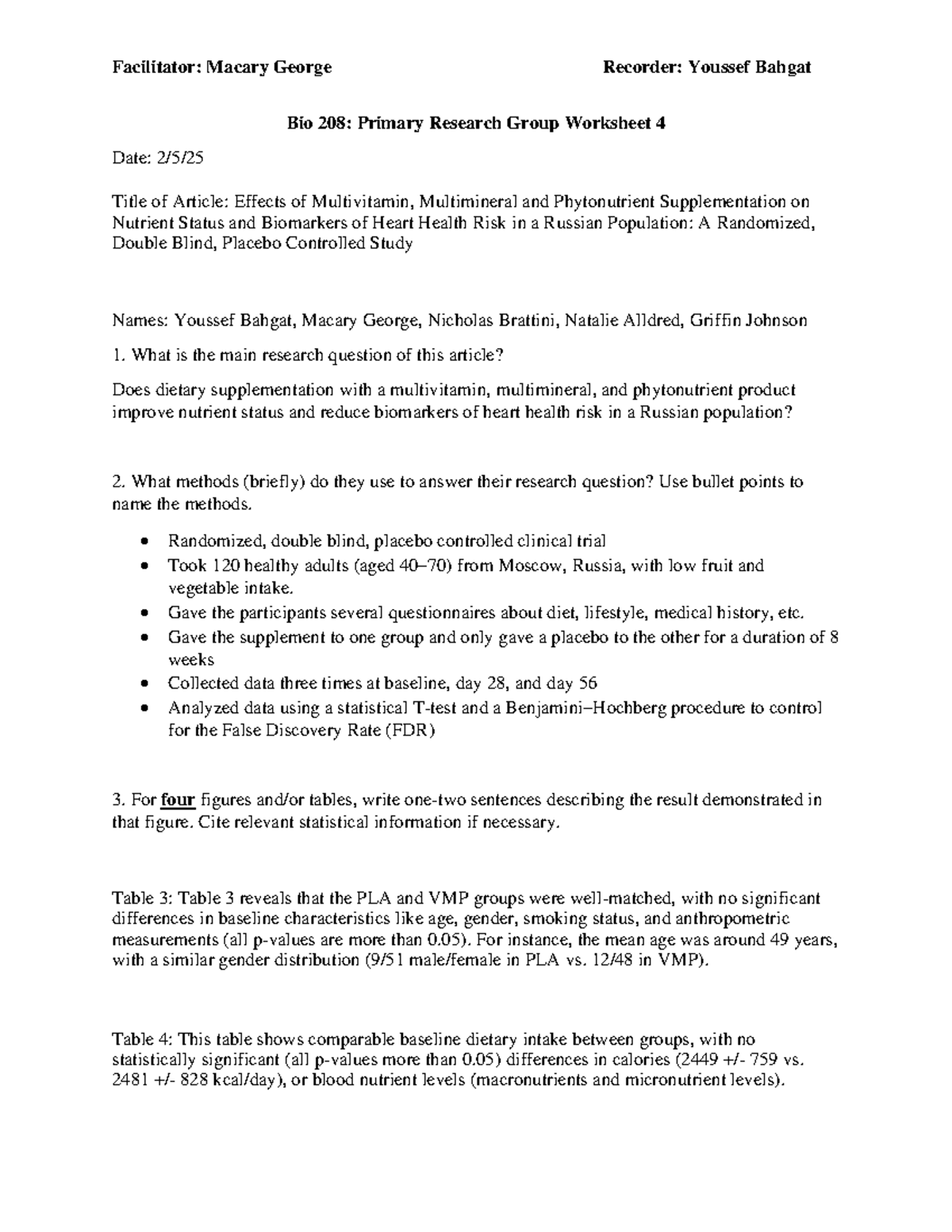 Bio 208 - Worksheet 4: Vitamin B and Heart Health Study Analysis - Studocu