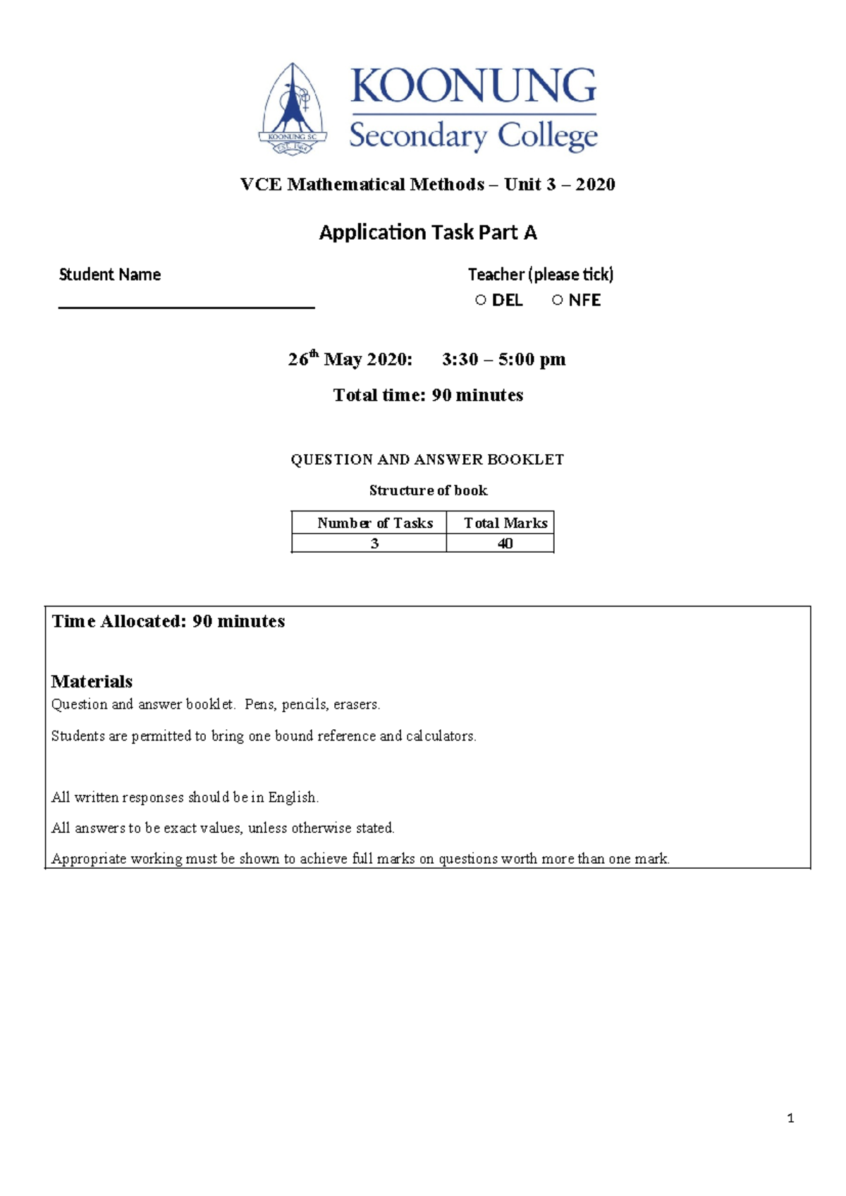 2020 VCE Mathematical Methods Unit 3 SAC 1 - Part A - Studocu