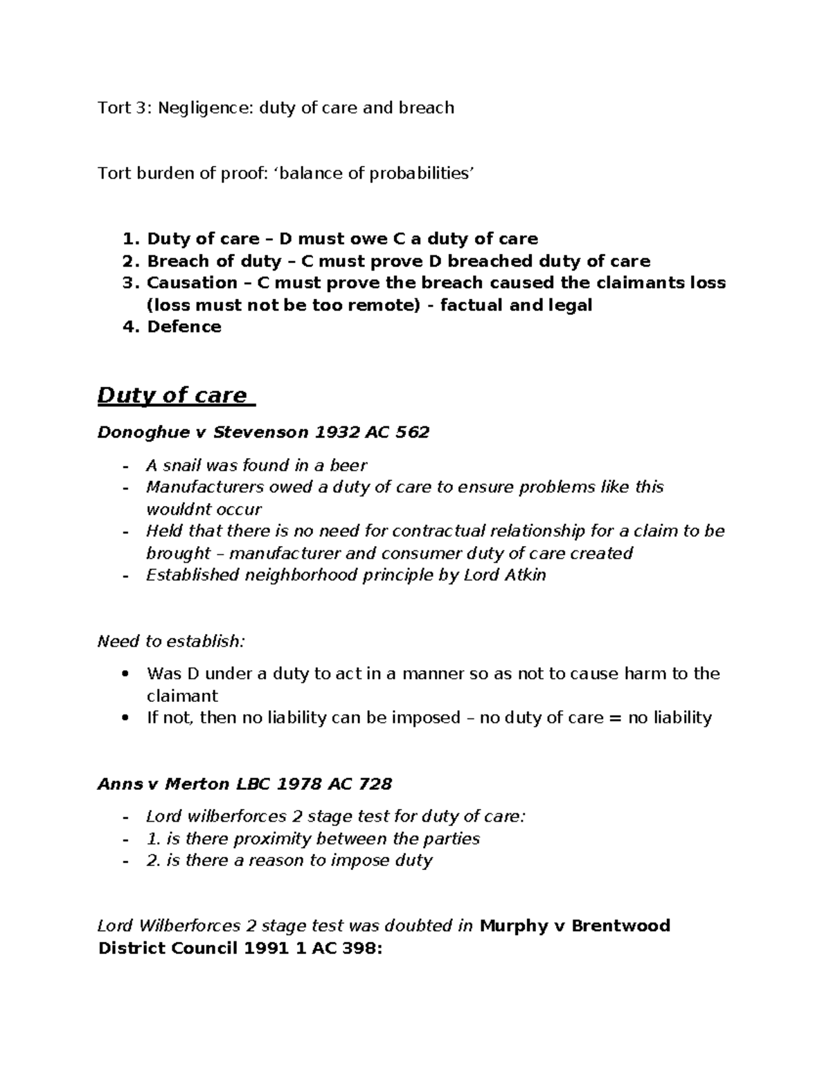 W3 Tort 3: Negligence - Duty of Care and Breach Overview - Studocu