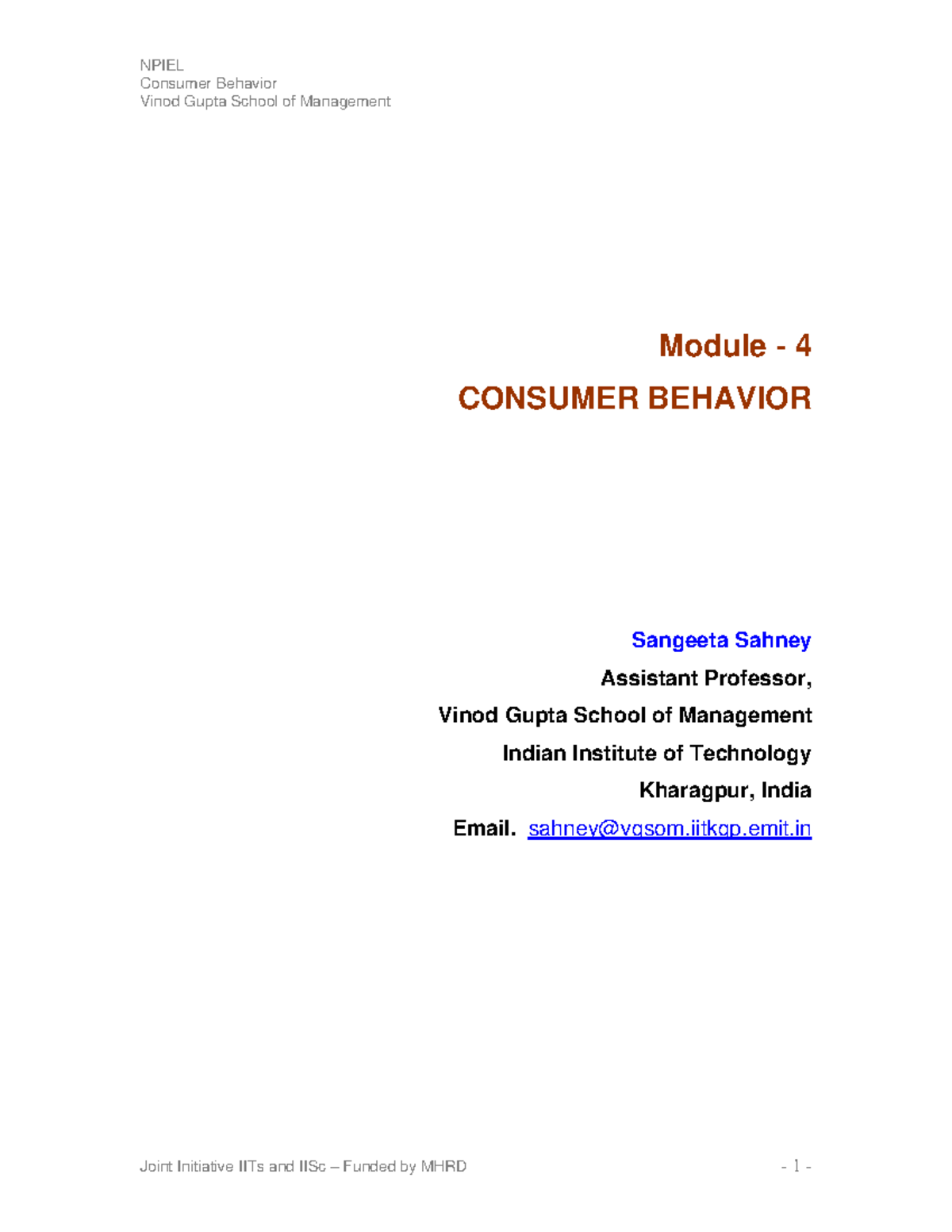 NPIEL Consumer Behavior VGSOM Module 4: Consumer Decision Making Process - Studocu